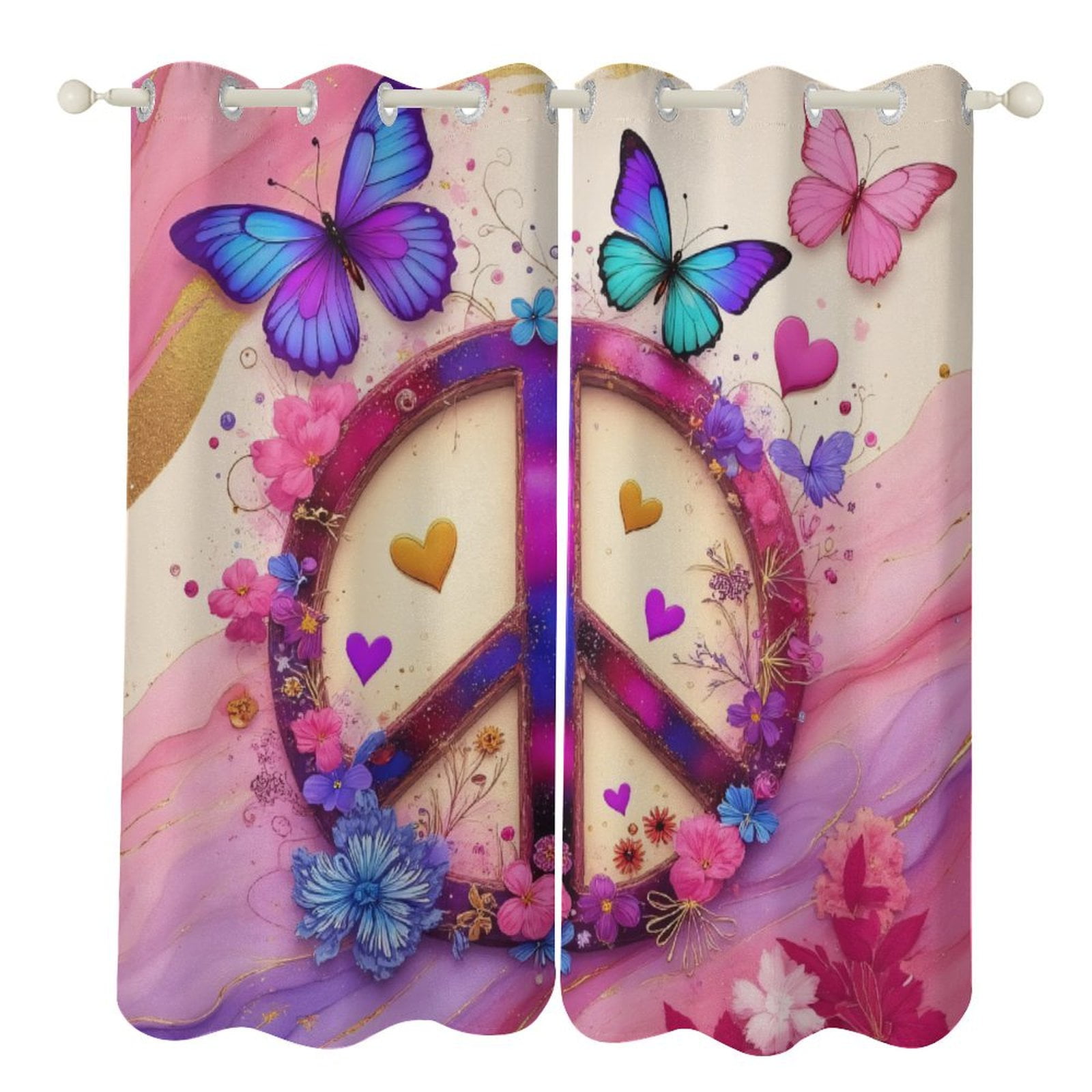 Colorful Peace Symbol with Butterflies 2 Panels Curtains for Bedroom ...