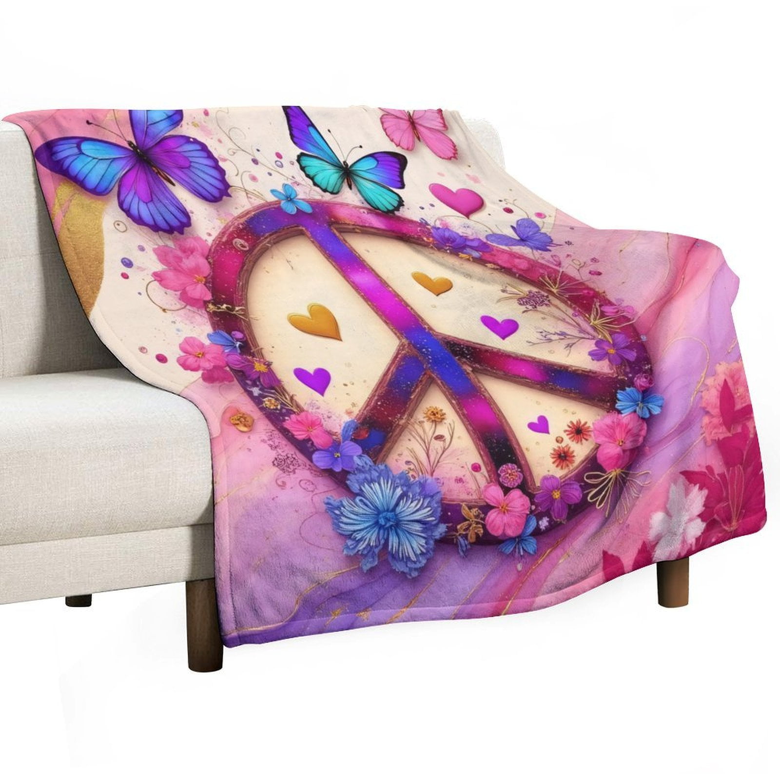 Colorful Peace Symbol with Butterflies Throw Blanket Warm Microfiber ...