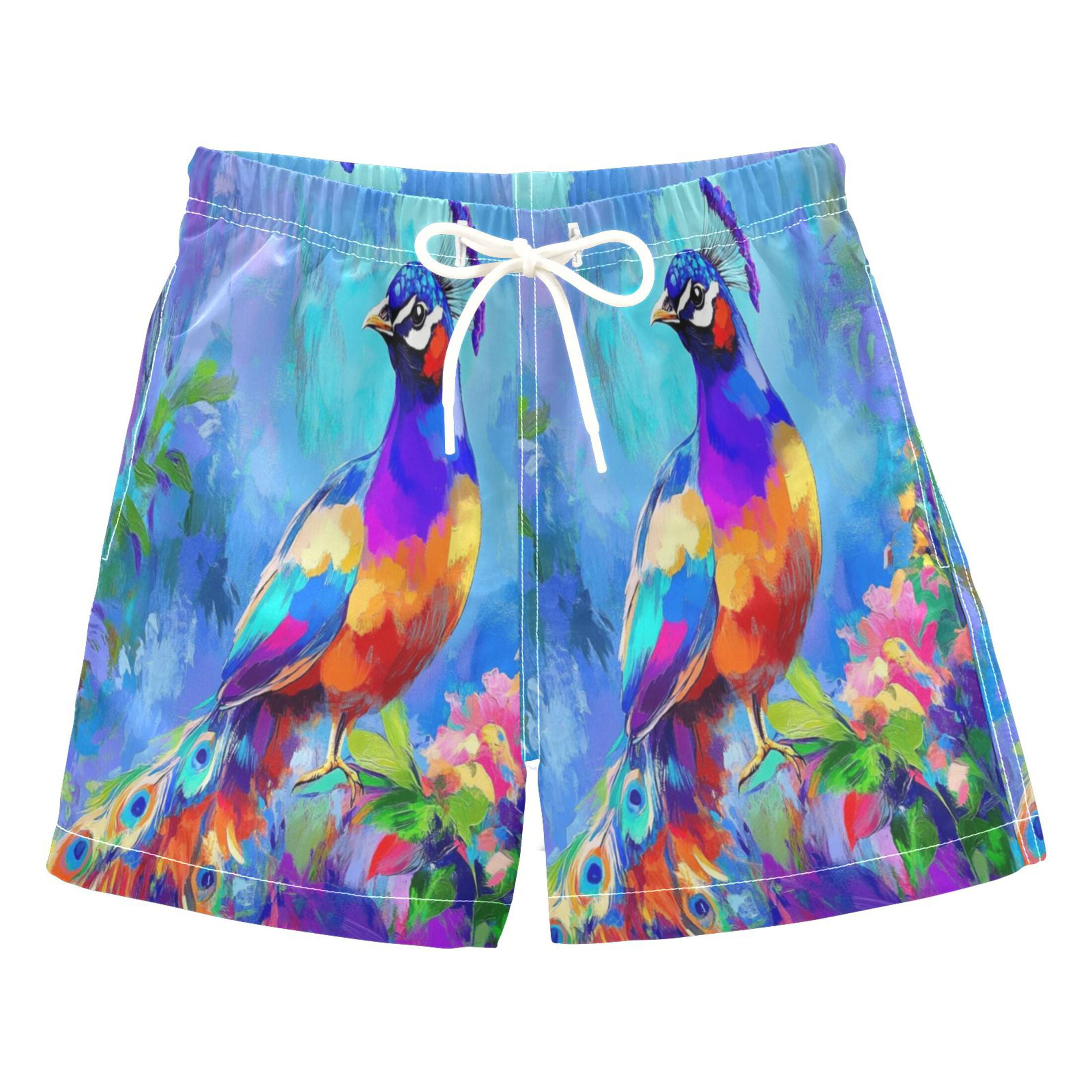 Colorful Peacock Among Flowers Boys' Swim Trunks Beach Pool Shorts ...