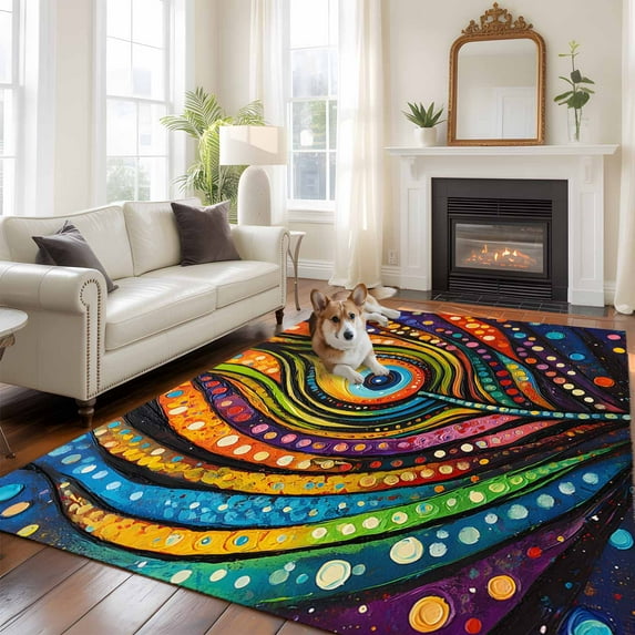Colorful Peacock Area Rugs 5x7 ft Boho Abstract Feathers Polka Dots ...