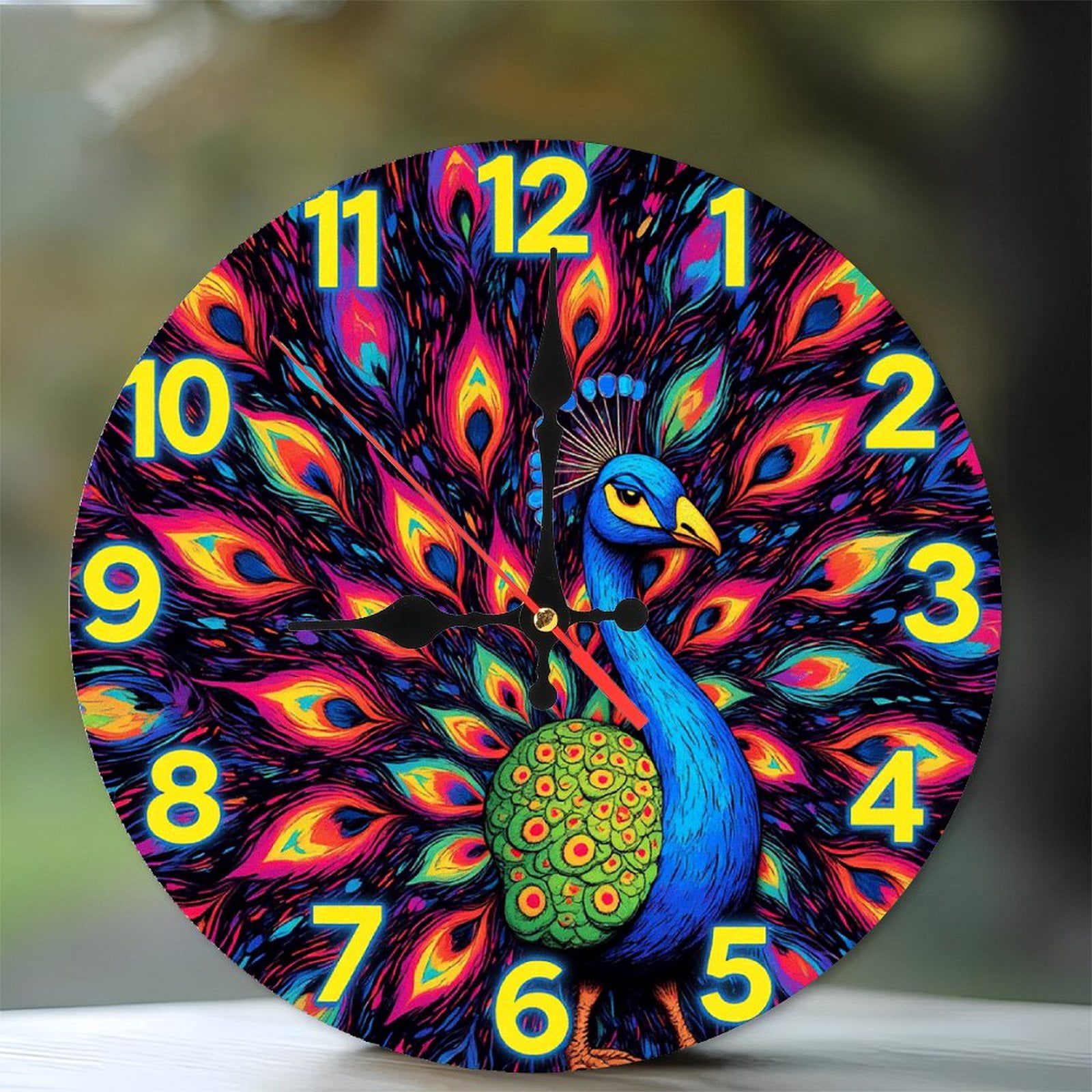 Colorful Peacock Art Design Wall Clock 10-Inch Silent Wooden Wall Clock ...