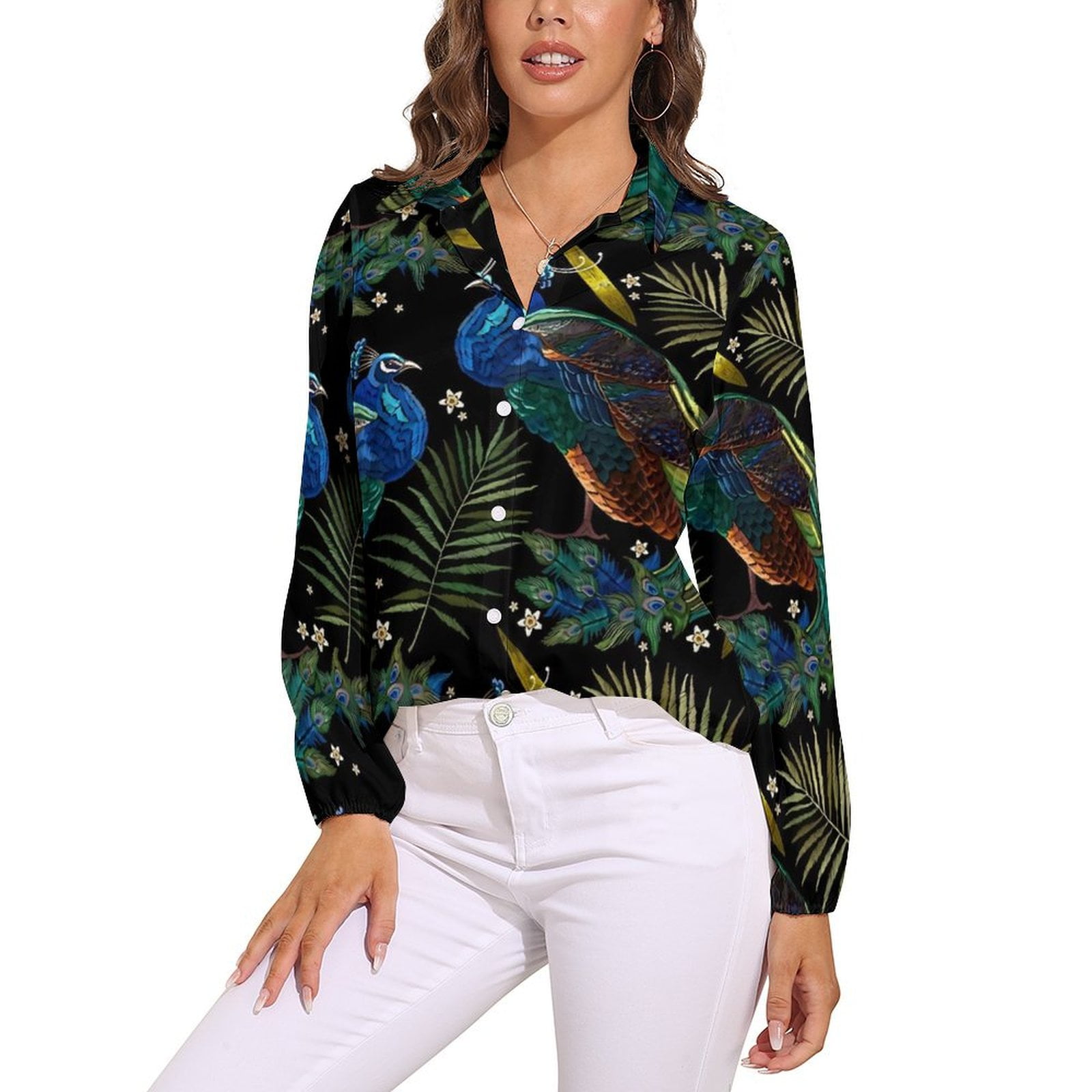 Colorful Peacock Blouse Long Sleeve Green Gold Black Aesthetic Blouses ...