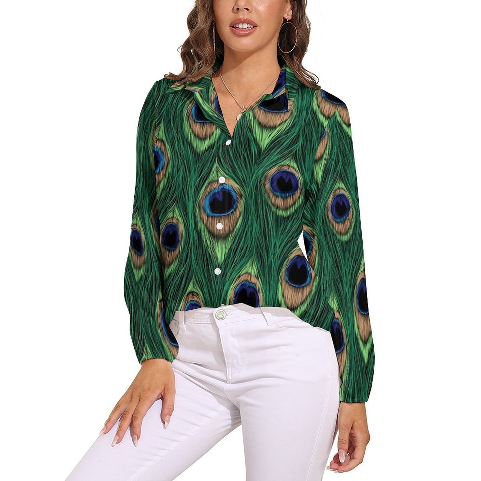 Colorful Peacock Blouse Long Sleeve Green Gold Black Aesthetic Blouses ...