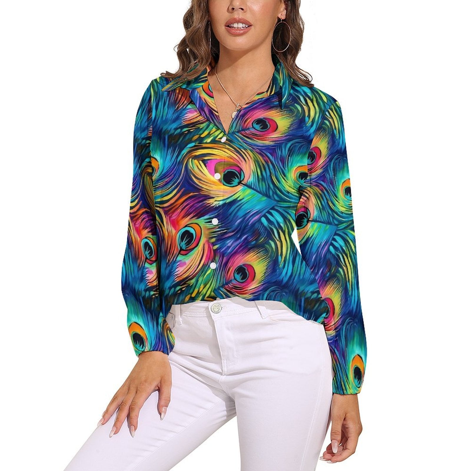 Colorful Peacock Blouse Long Sleeve Green Gold Black Aesthetic Blouses ...