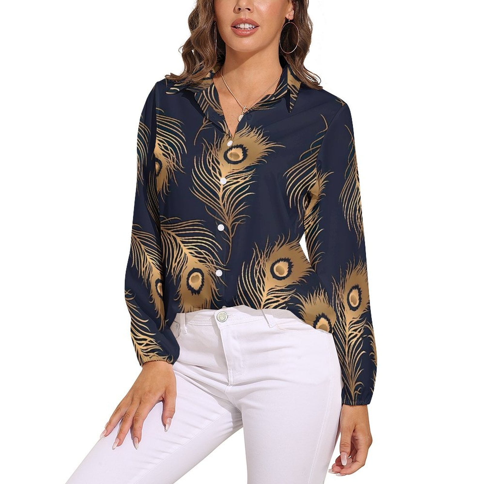 Colorful Peacock Blouse Long Sleeve Green Gold Black Aesthetic Blouses ...