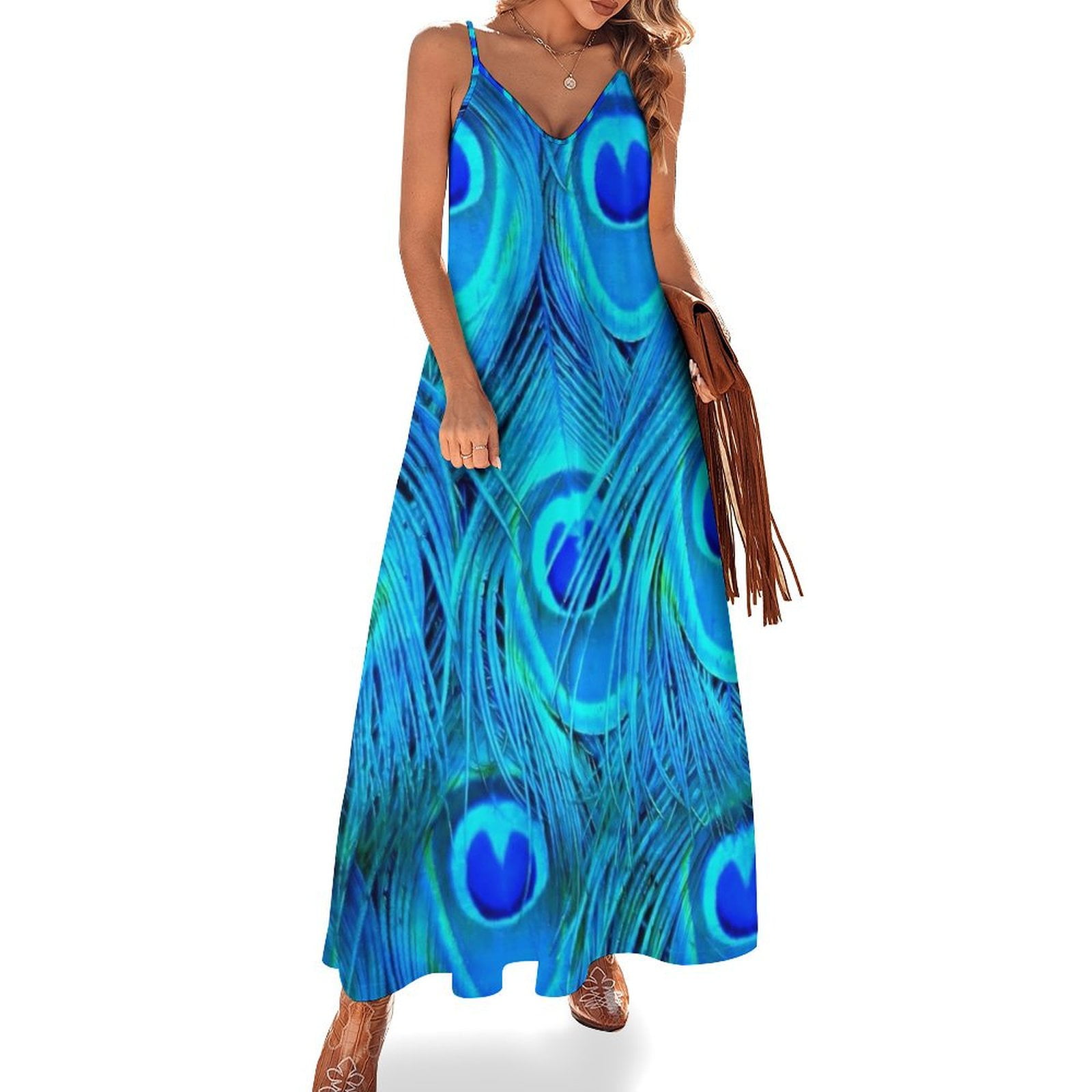 Colorful Peacock Dress Animal Beach Maxi Dress Spaghetti Straps ...
