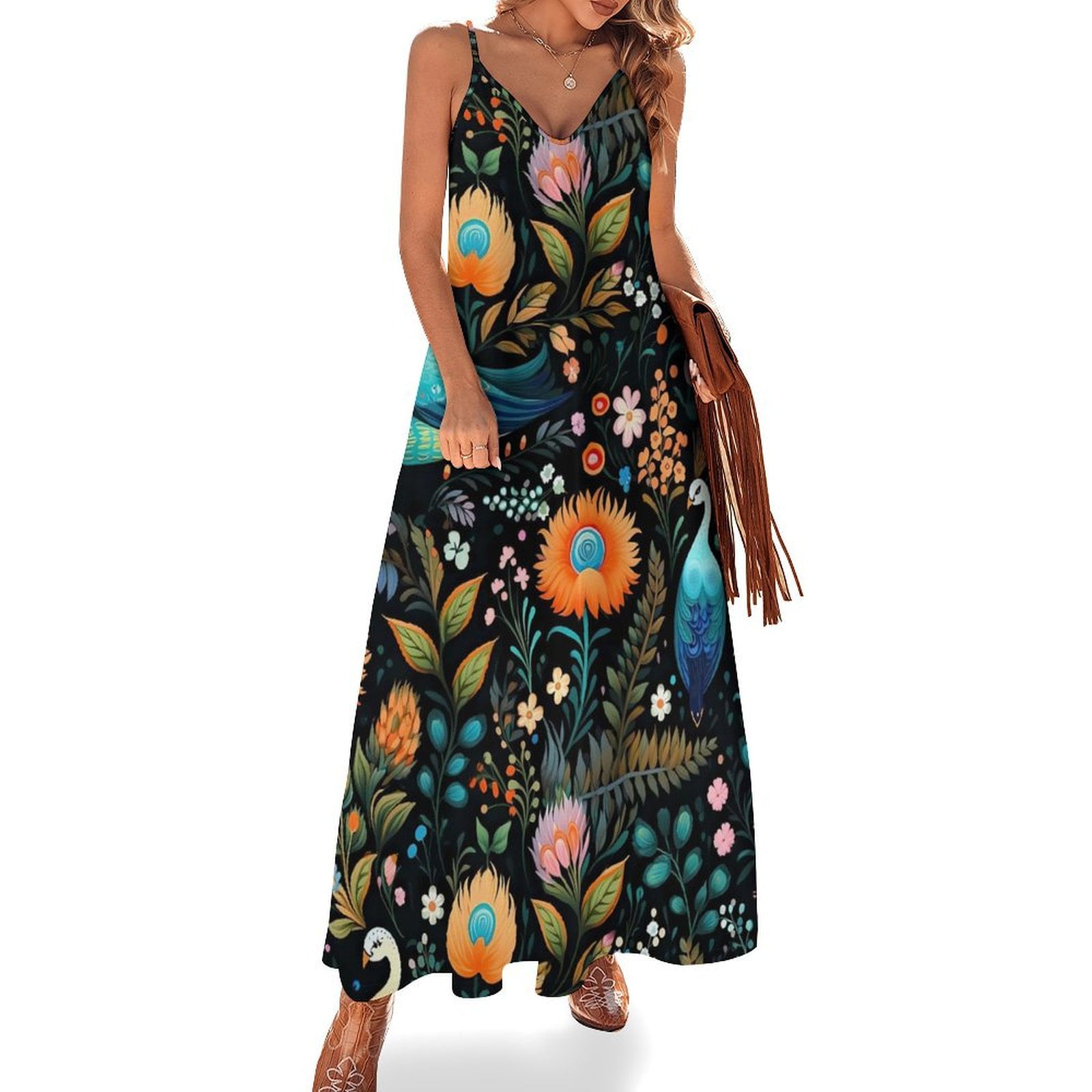 Colorful Peacock Dress Animal Beach Maxi Dress Spaghetti Straps ...