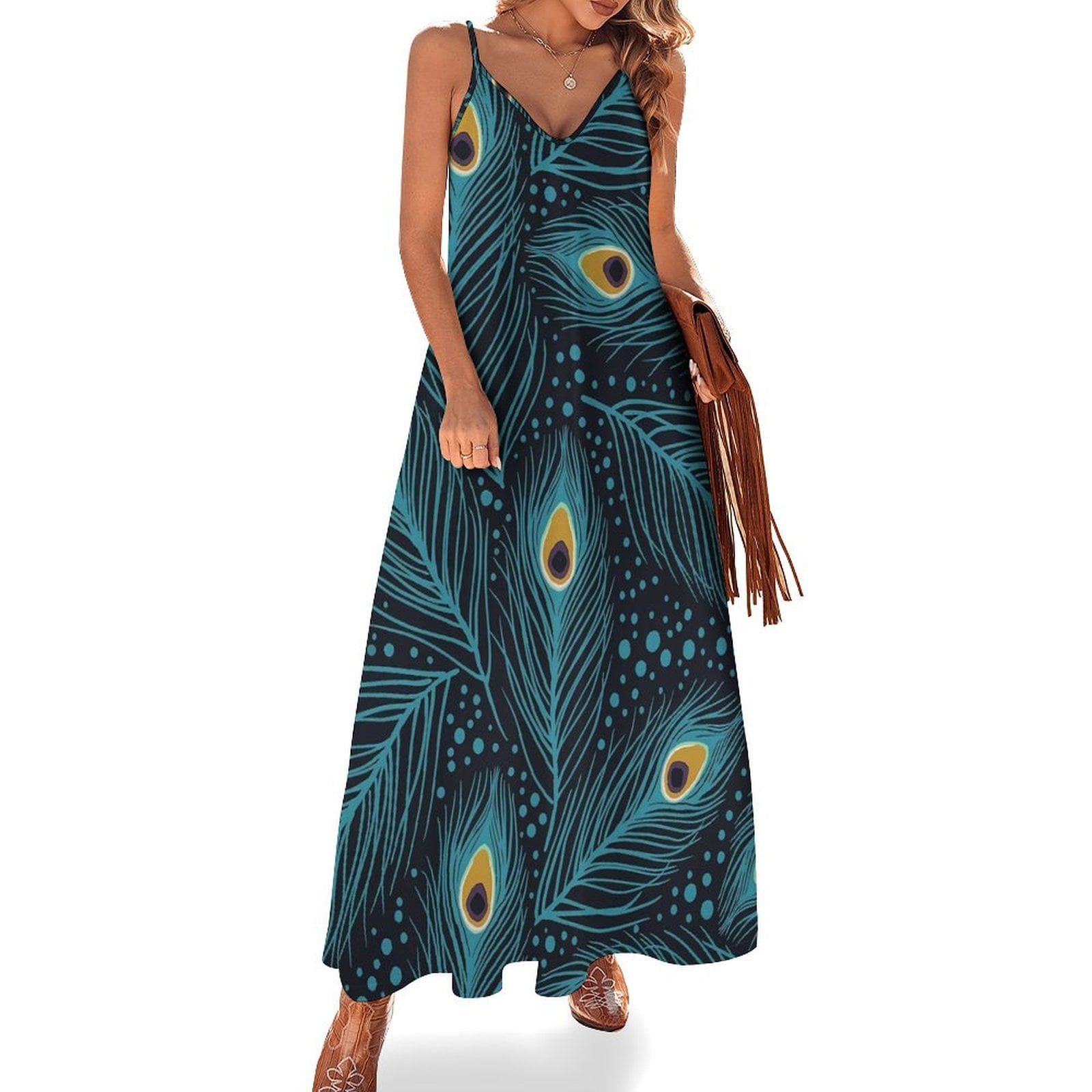 Colorful Peacock Dress Animal Beach Maxi Dress Spaghetti Straps ...