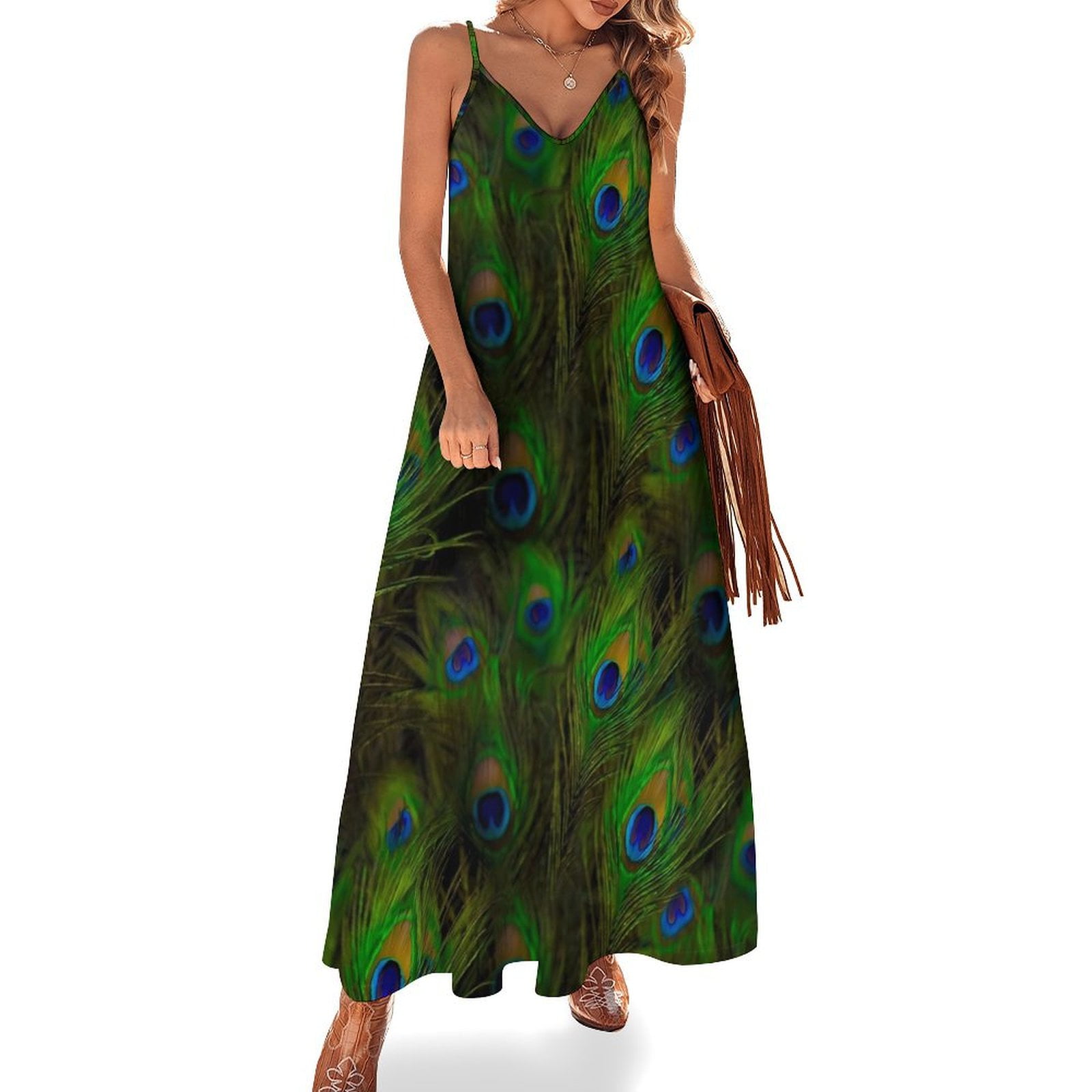 Colorful Peacock Dress Animal Beach Maxi Dress Spaghetti Straps ...