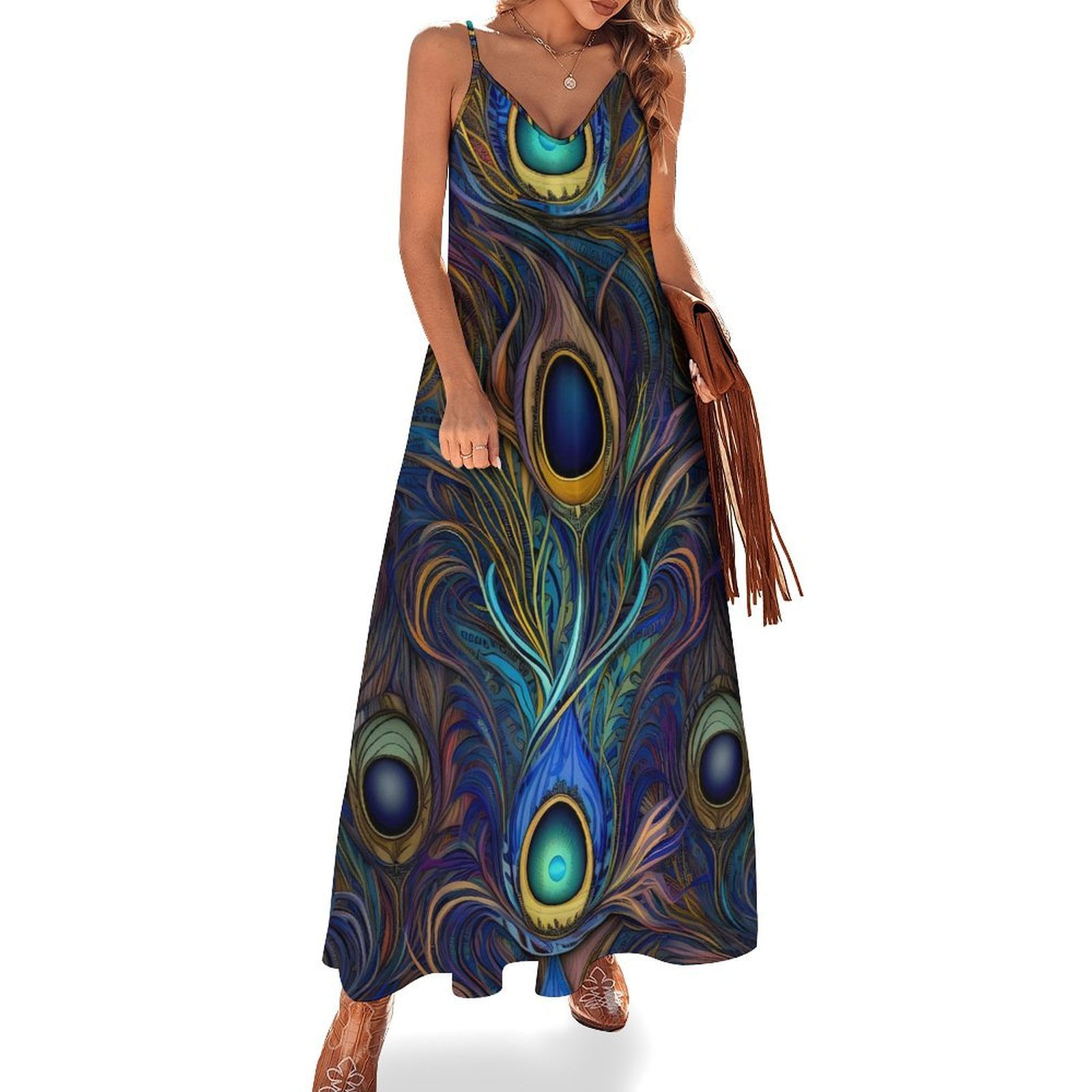 Colorful Peacock Dress Animal Beach Maxi Dress Spaghetti Straps ...