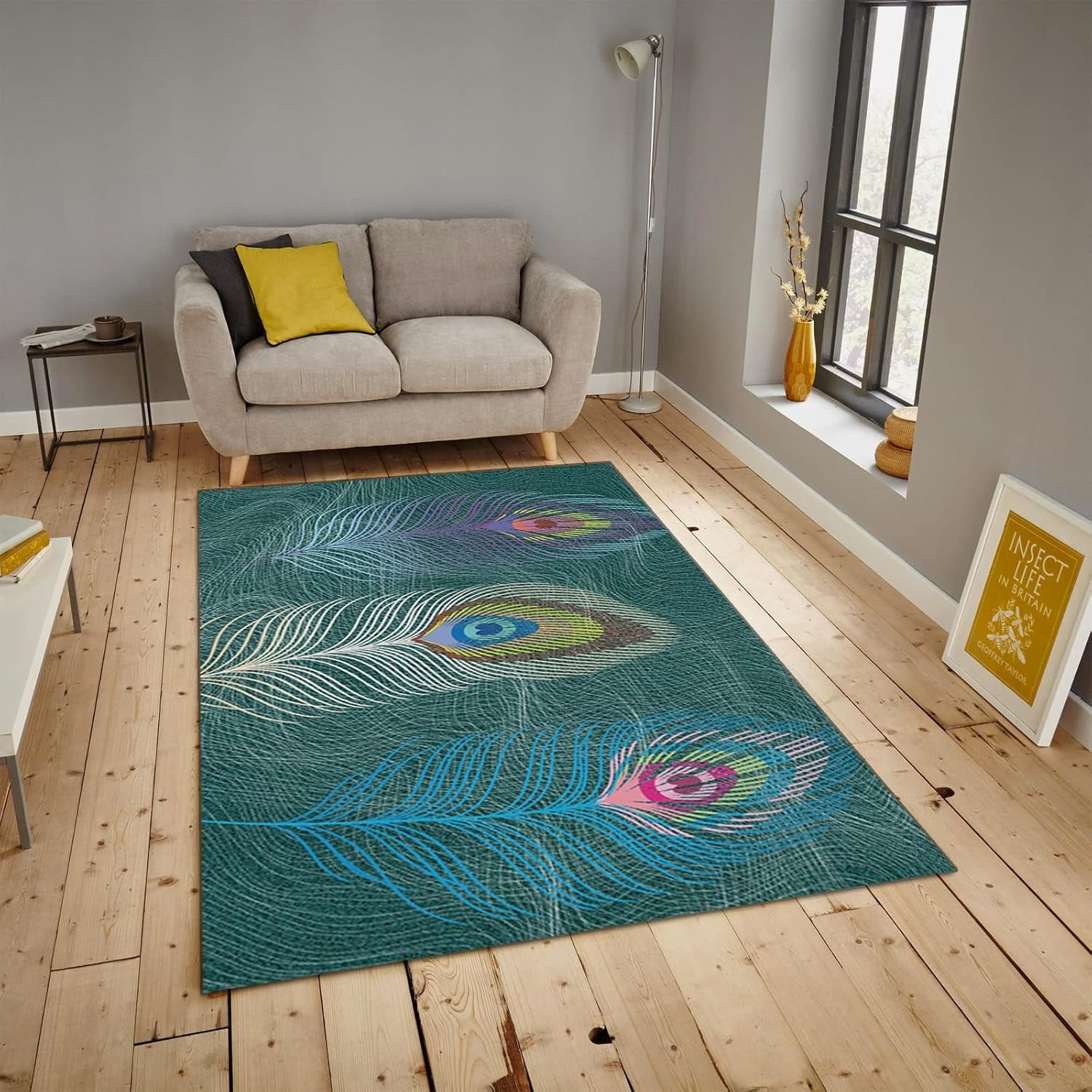 Colorful Peacock Feather Carpet, Green Background Area Rugs, Porch Mat ...