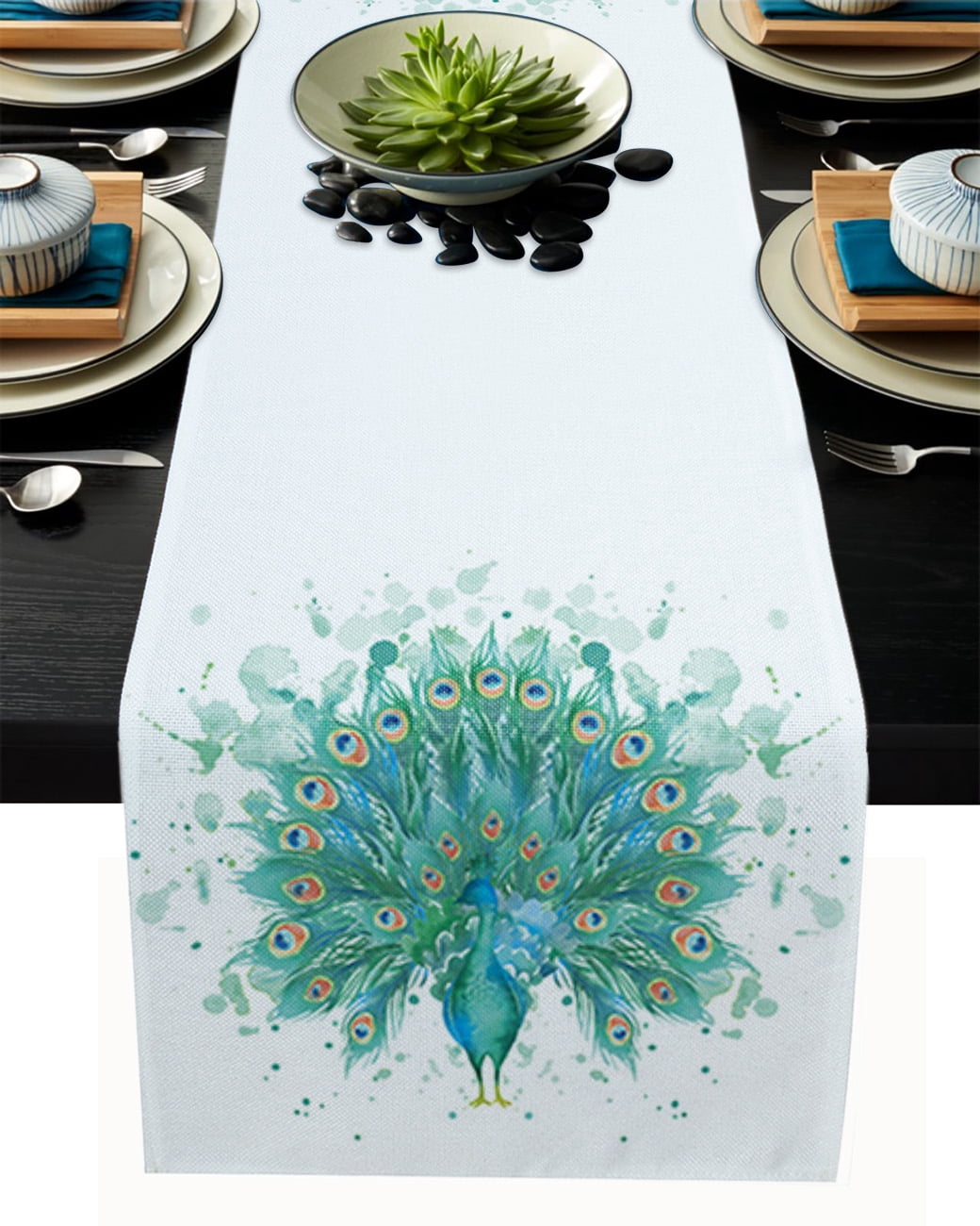 Colorful Peacock Feather Print Table Runner Home Wedding Table Flag Mat ...