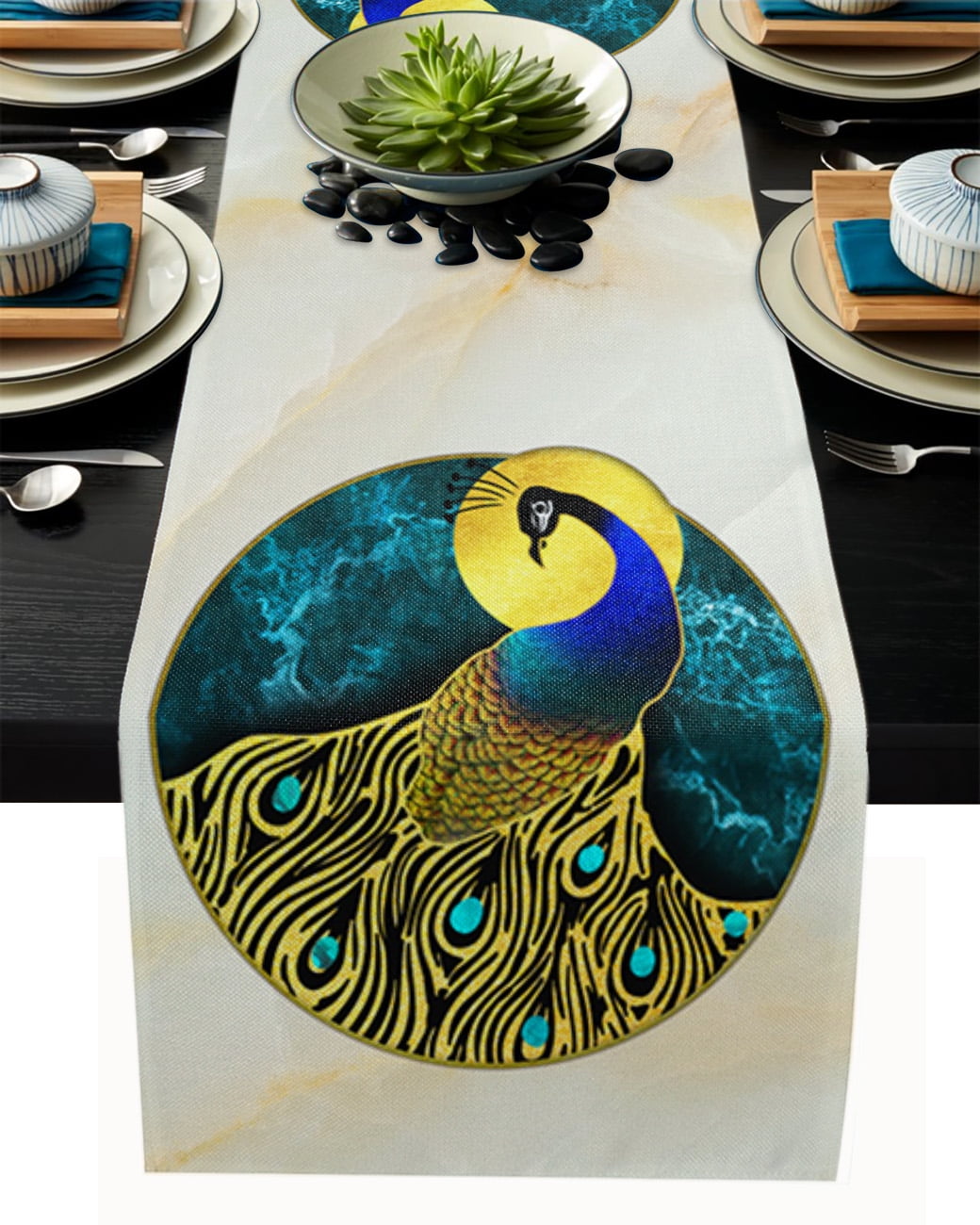 Colorful Peacock Feather Print Table Runner Home Wedding Table Flag Mat ...