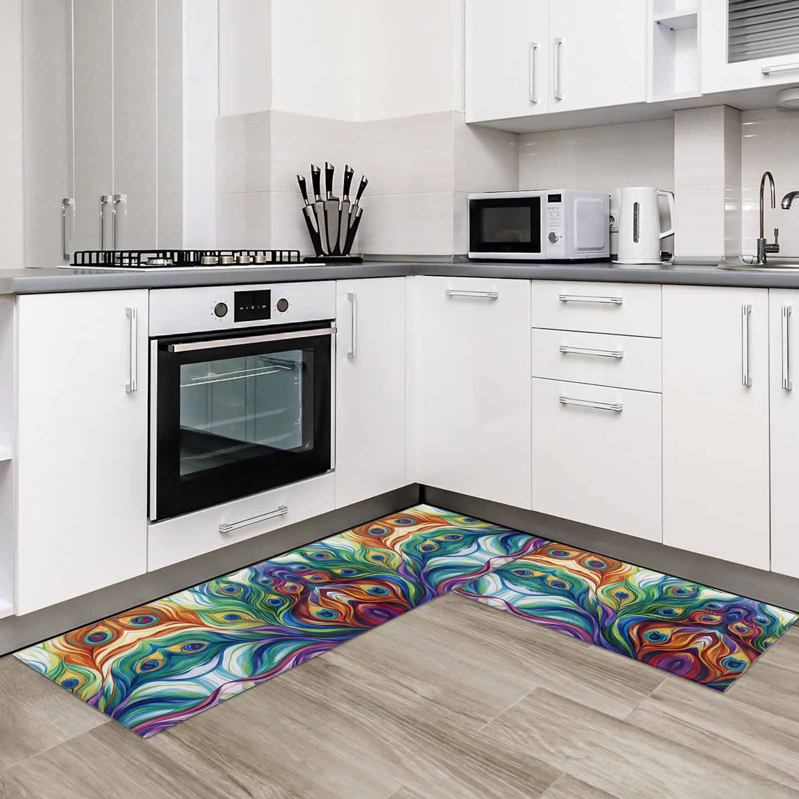 Colorful Peacock Feathers 2 Pieces Non-Slip Kitchen Mat Set Oil ...