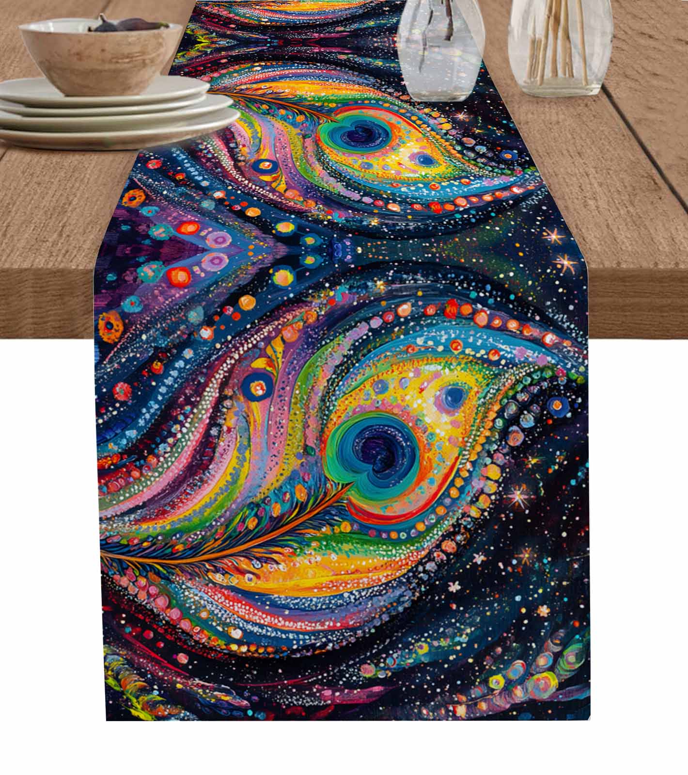 Colorful Peacock Feathers Burlap Cotton Table Runner 13x120 Inches Long ...