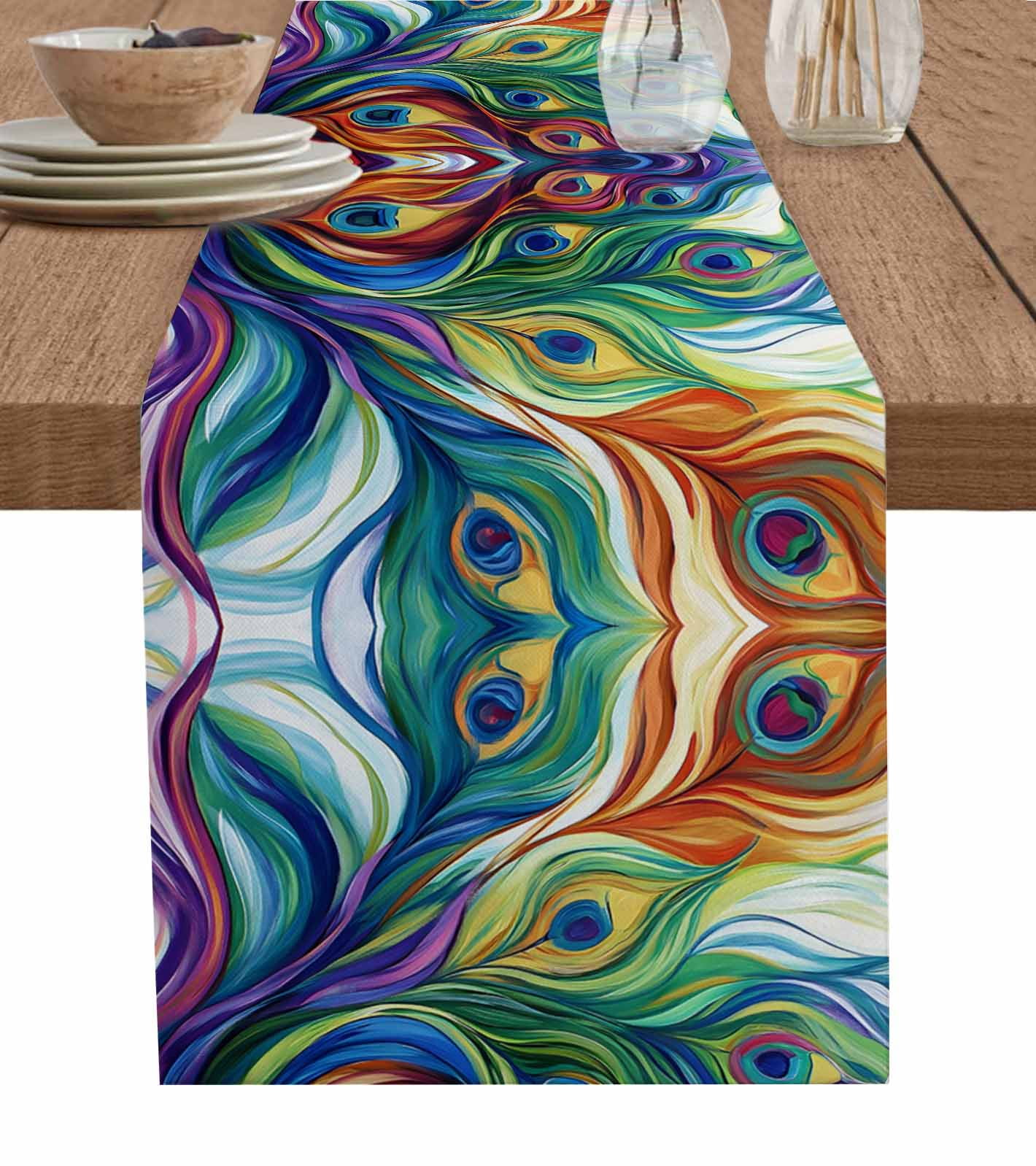 Colorful Peacock Feathers Burlap Cotton Table Runner 13x60 Inches Long ...