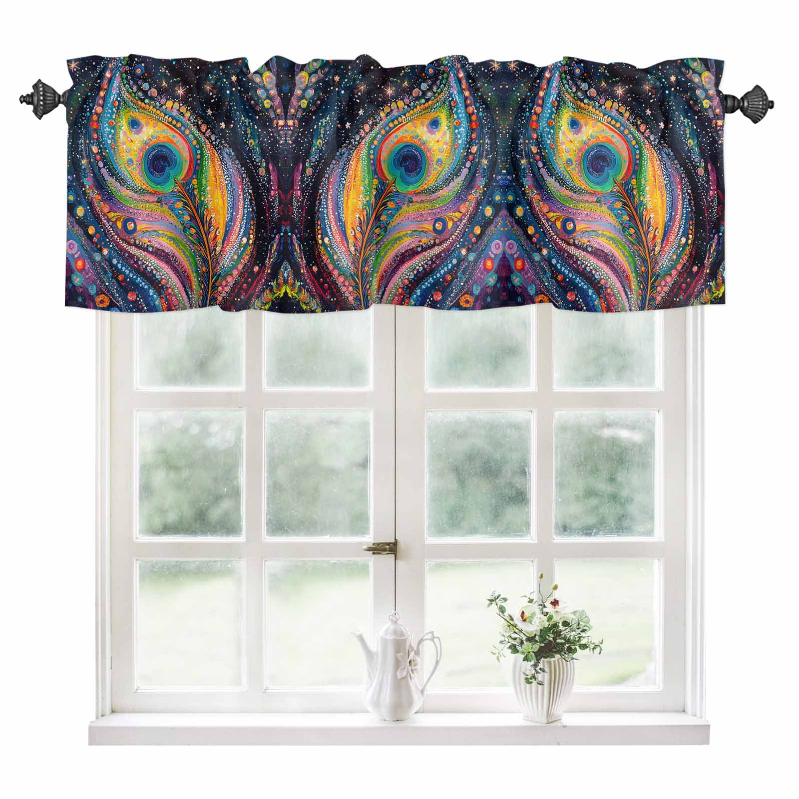 Colorful Peacock Feathers Kitchen Valances for Windows 42x12 Inch ...