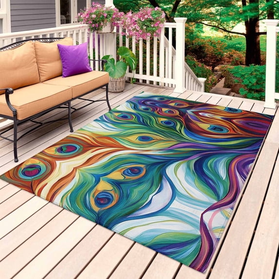 Colorful Peacock Feathers Outdoor Rug 5x7 Ft, Non Slip Washable Area ...