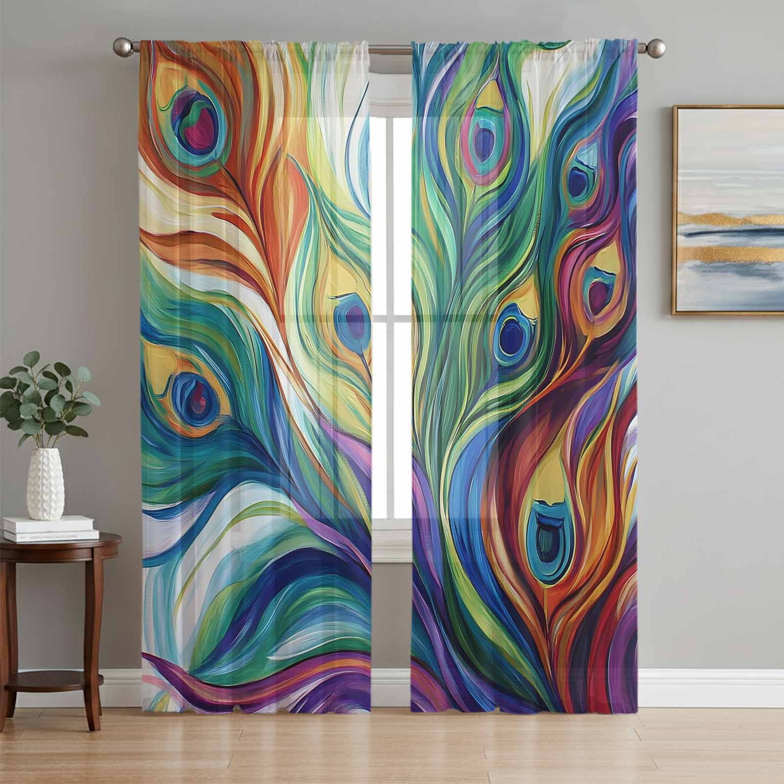 Colorful Peacock Feathers Sheer Curtains 63 Inch Length 2 Panels Set ...