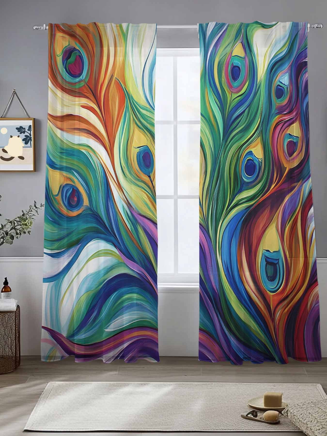 Colorful Peacock Feathers Sheer Curtains for Living Room Bedroom Oil ...