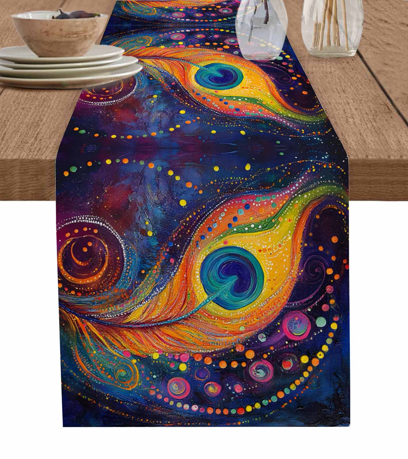 Colorful Peacock Feathers Table Runner 108 Inches, Abstract Modern ...