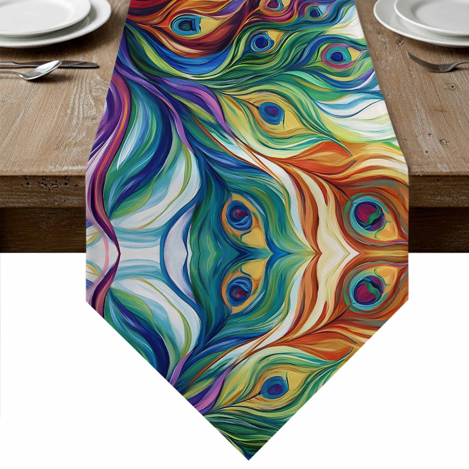 Colorful Peacock Feathers Table Runner Linen Burlap Table Runner 60 ...