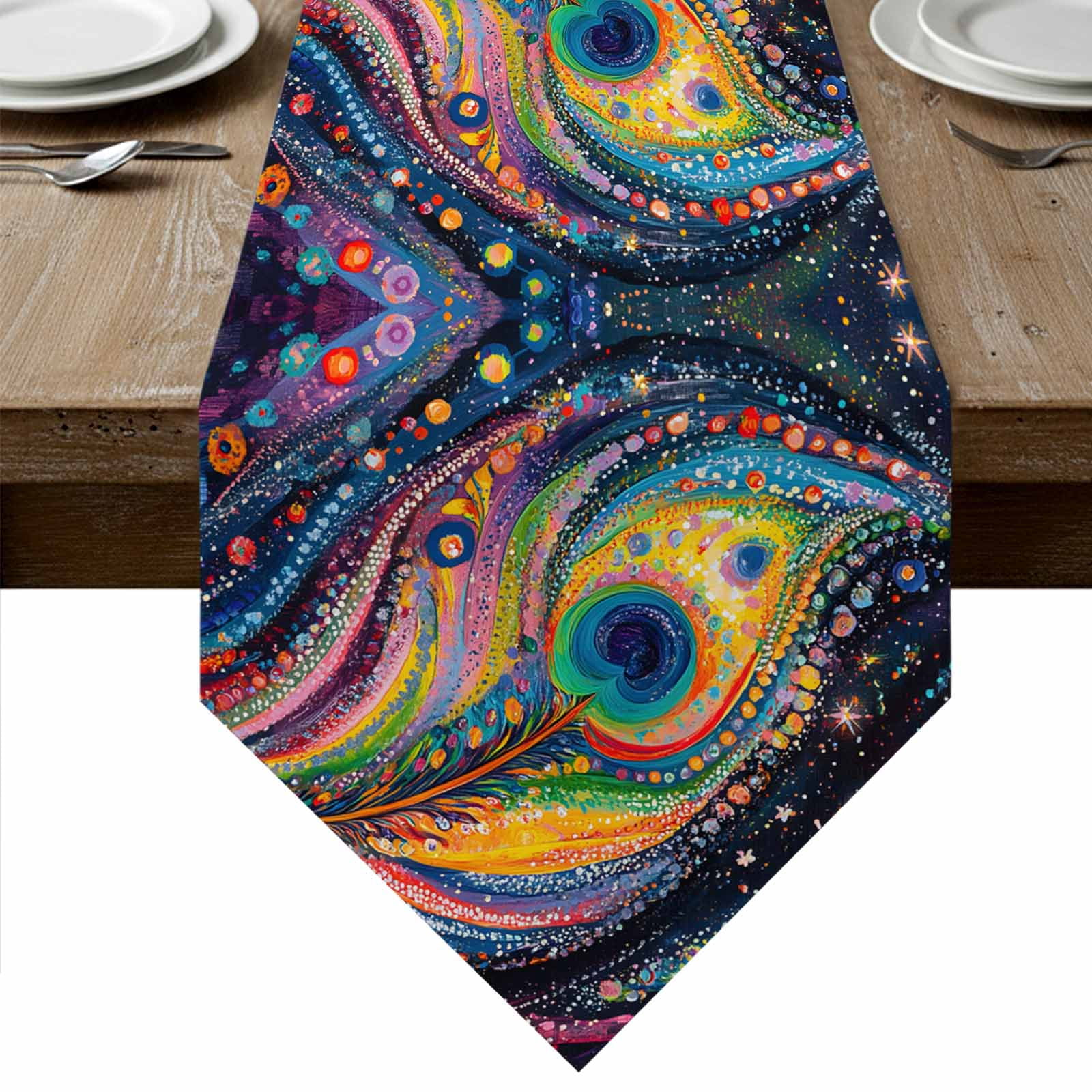 Colorful Peacock Feathers Table Runner Linen Burlap Table Runner 72 ...