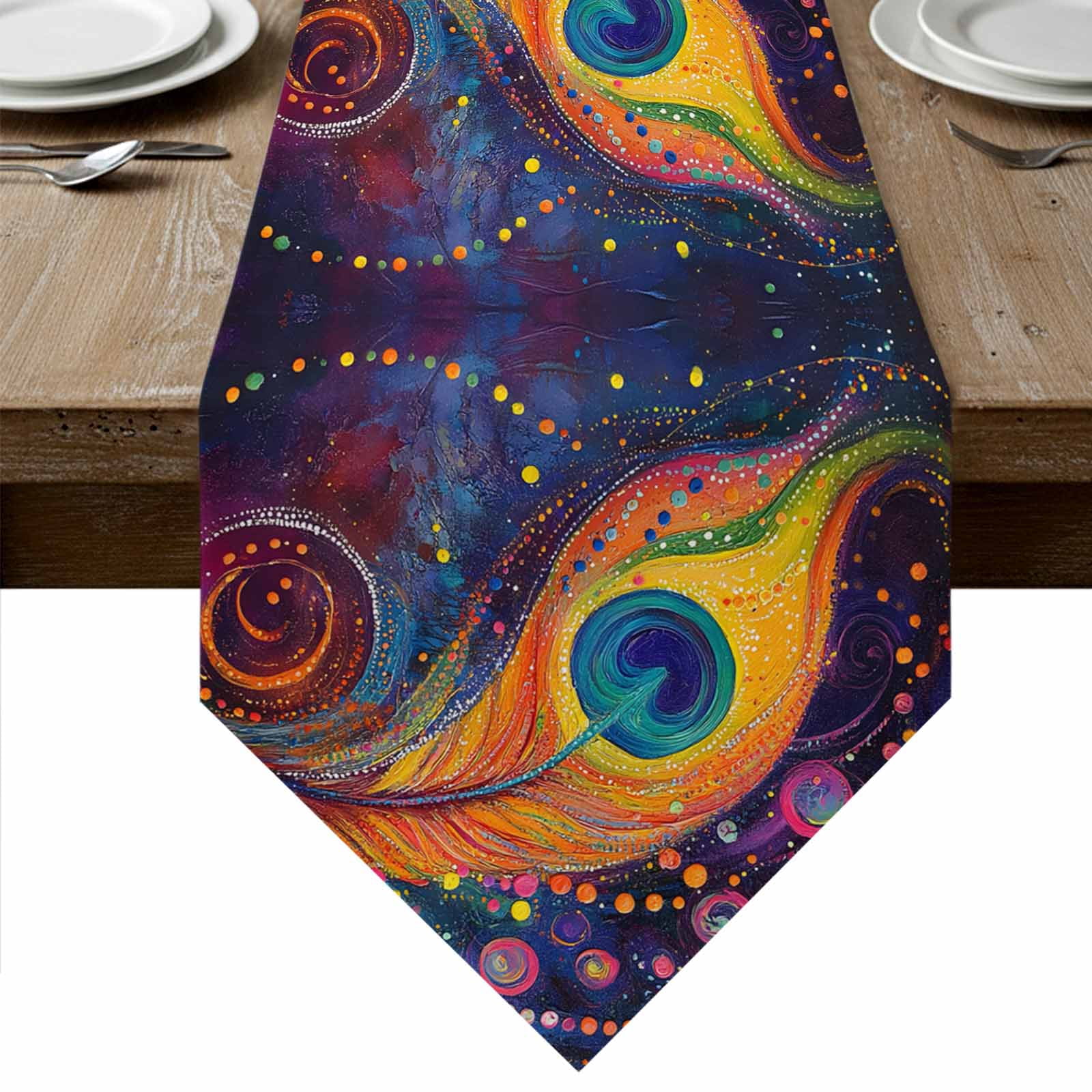 Colorful Peacock Feathers Table Runner Linen Burlap Table Runner 90 ...
