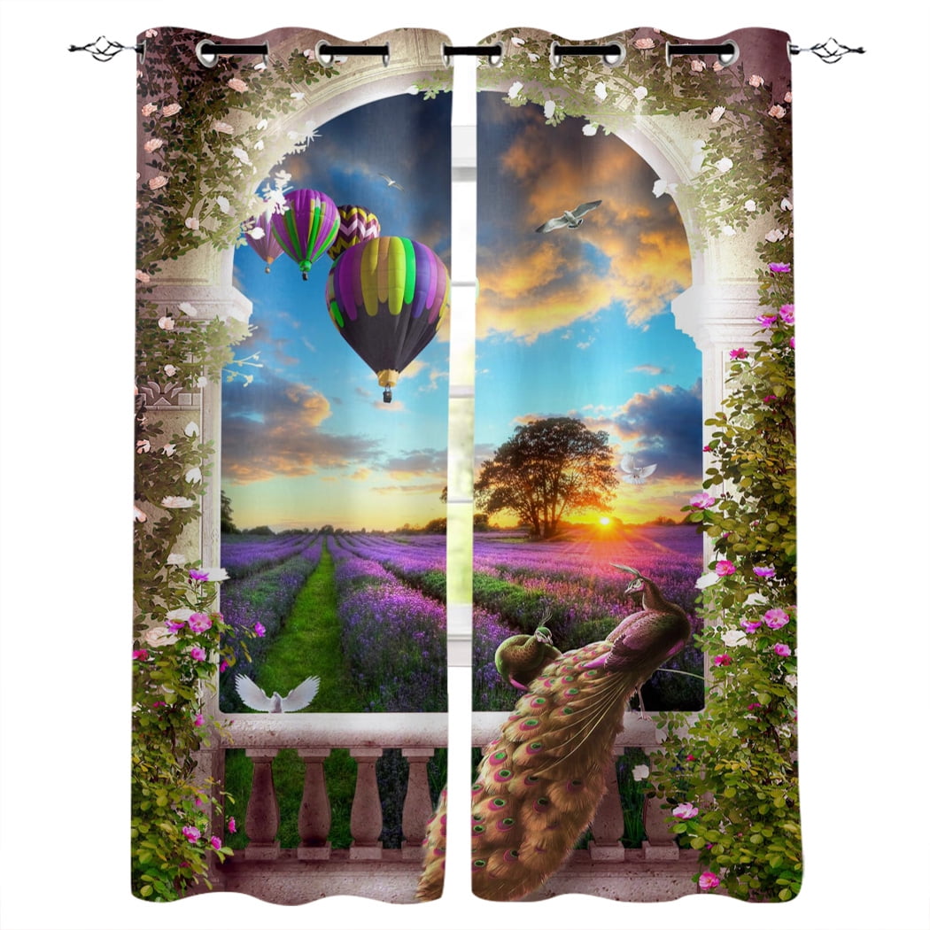 Colorful Peacock Hot Air Balloon Lavender Window Curtains Living Room ...