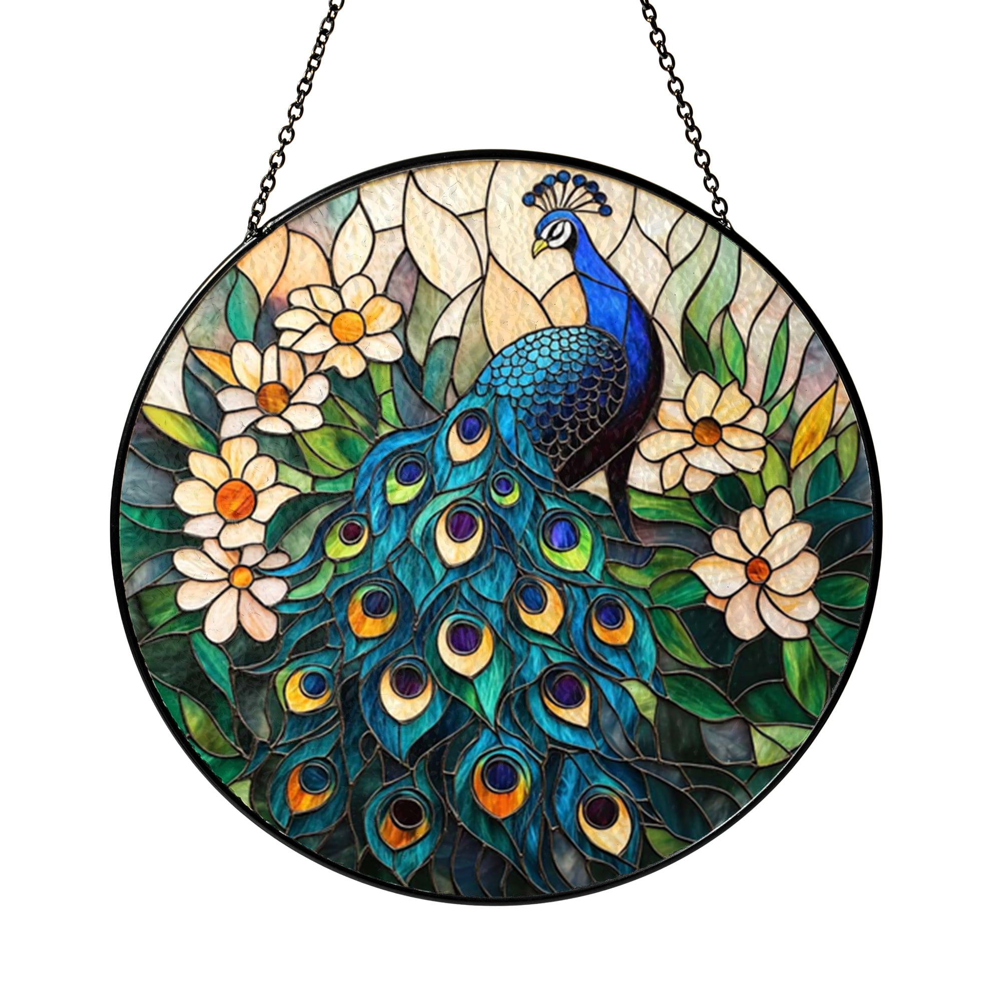 Colorful Peacock Stained Glass Style Suncatcher – Round Floral Window ...