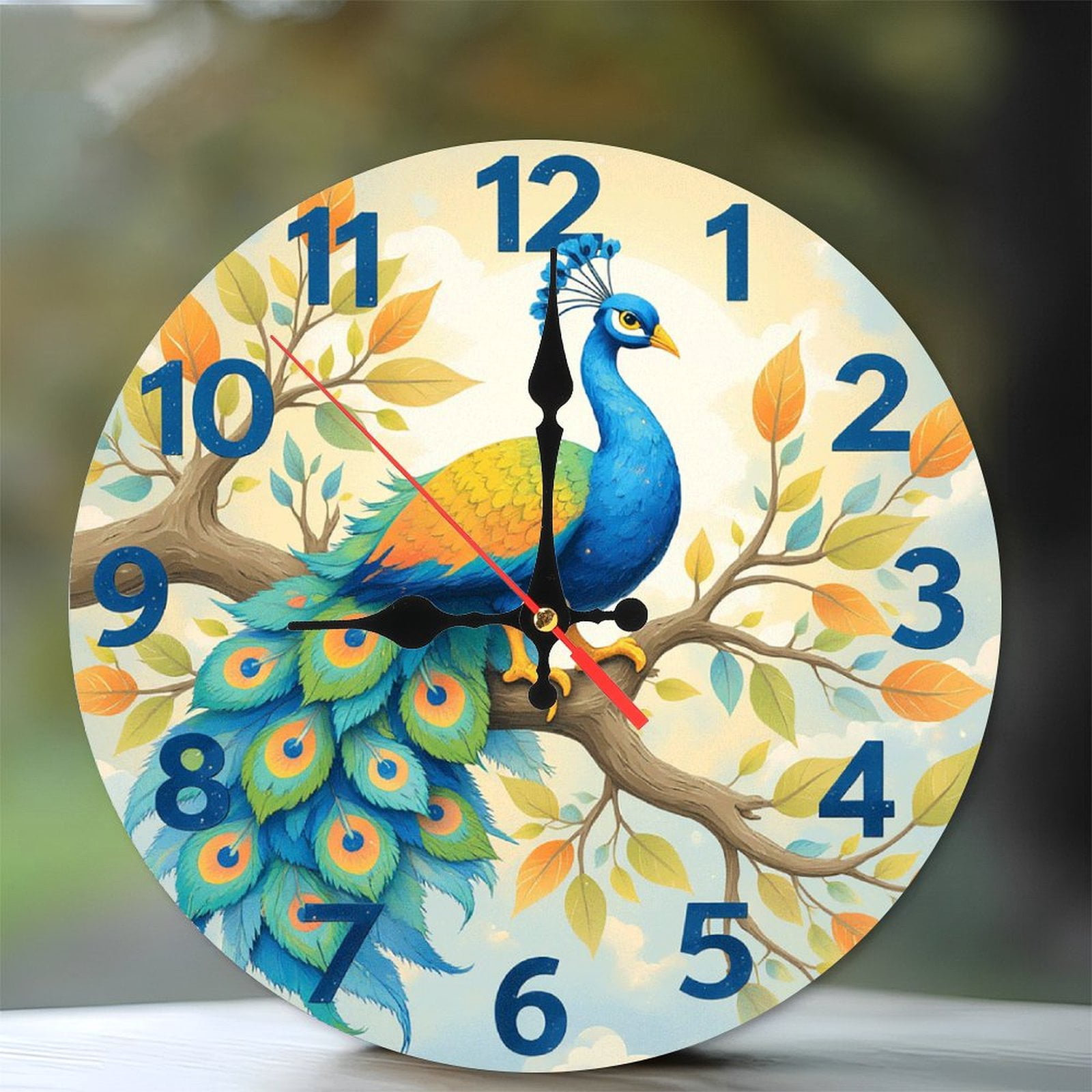 Colorful Peacock Wall Clock Decorative Art 10-Inch Silent Wooden Wall ...