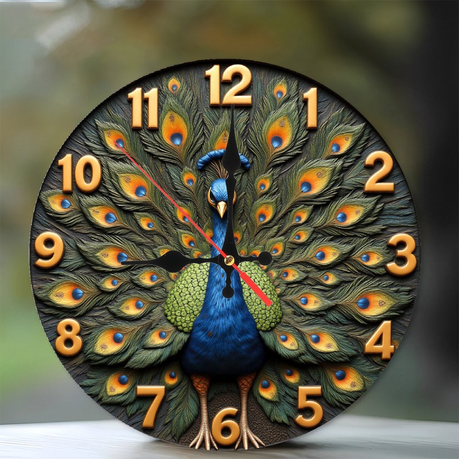 Colorful Peacock Wall Clock with Unique Design 10-Inch Silent Wooden ...