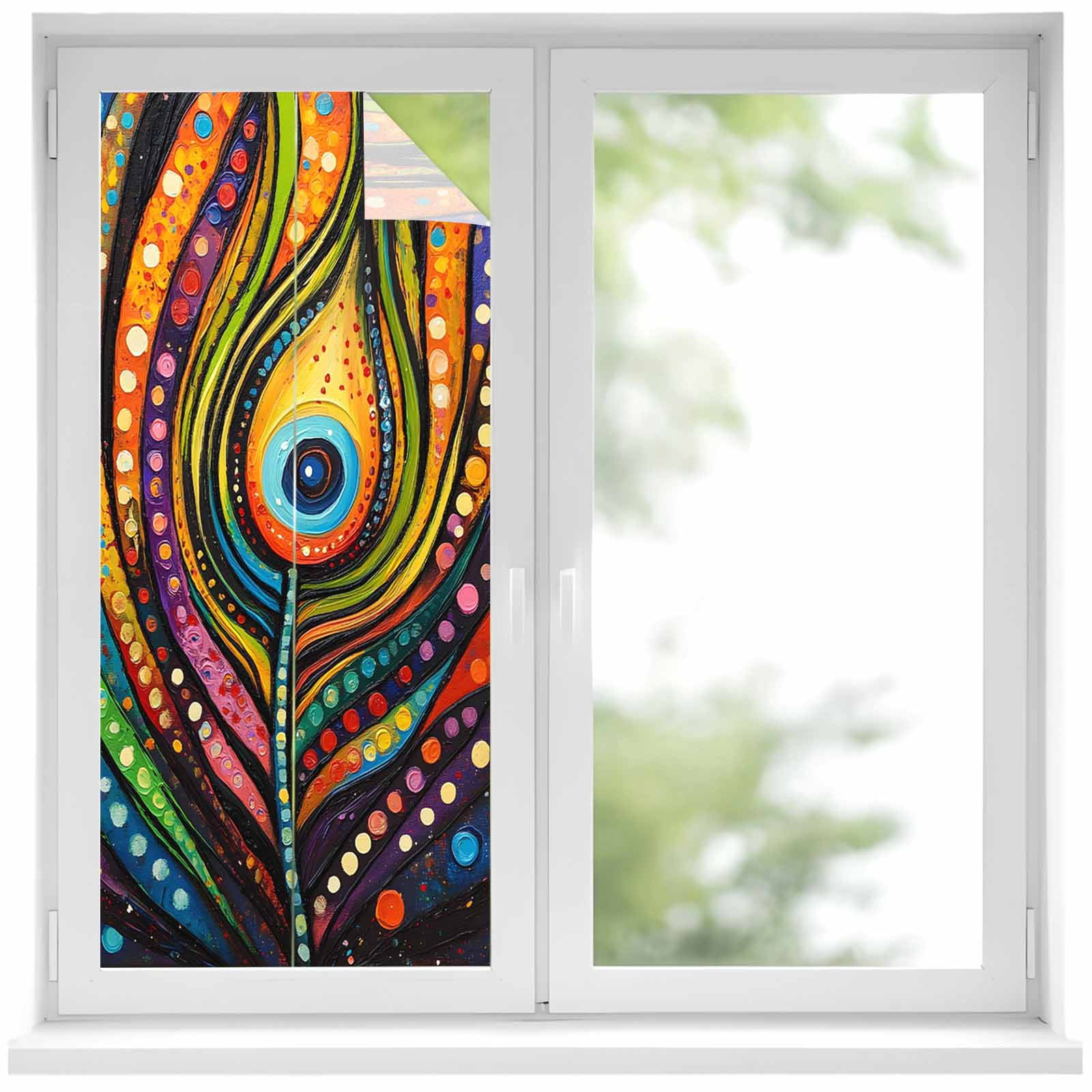 Colorful Peacock Window Privacy Film Boho Abstract Feathers Polka Dots ...