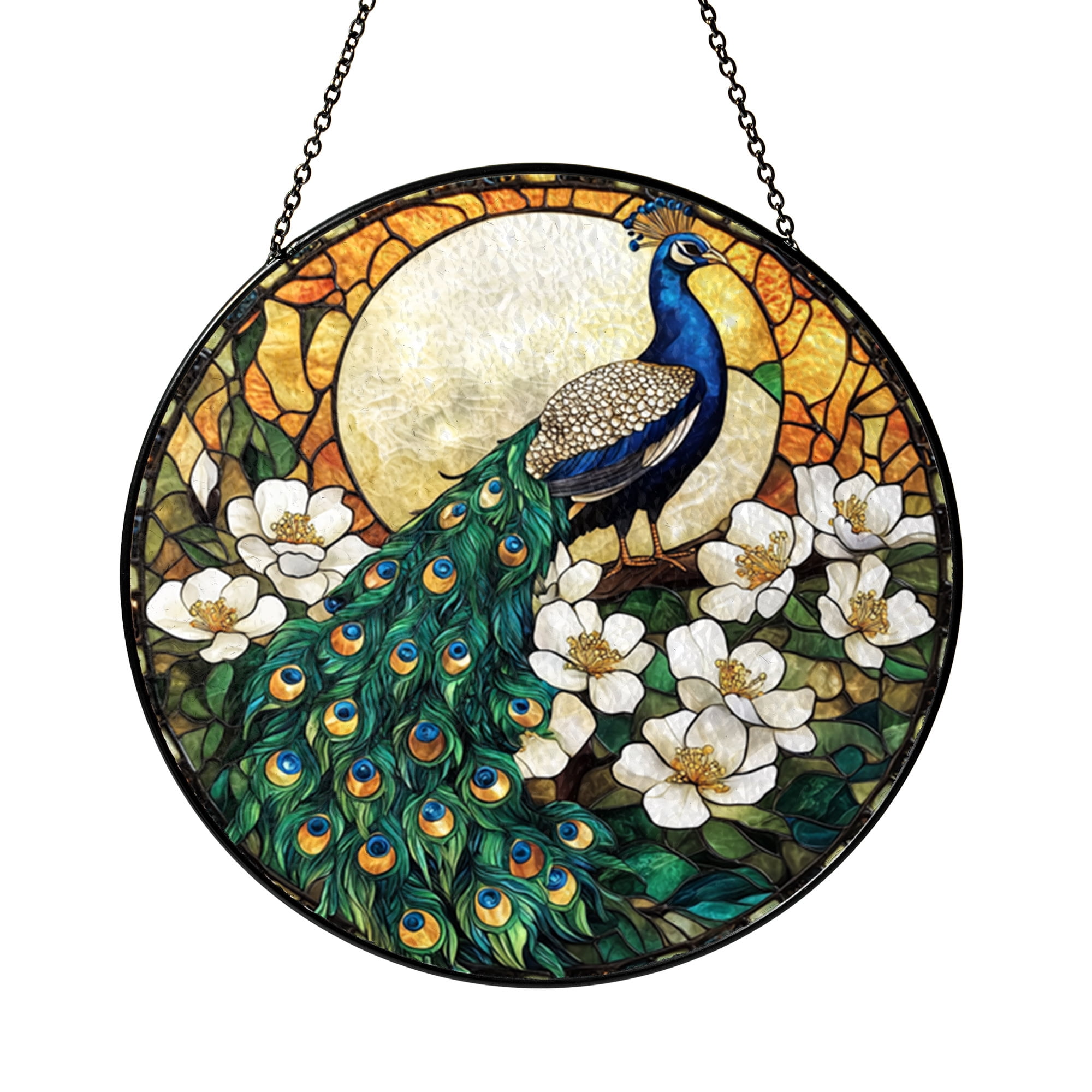 Colorful Peacock with Blossom Stained Glass Decorative Suncatcher ...