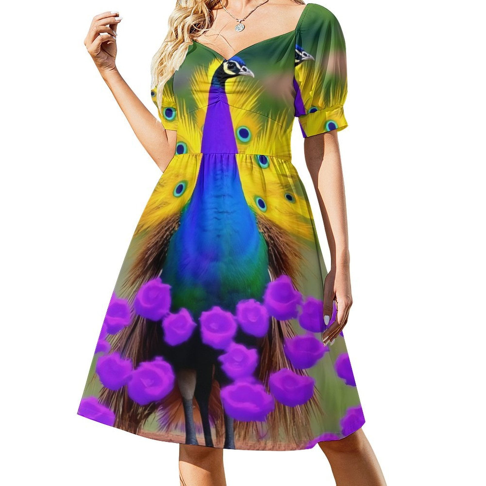 Colorful Peacock with Purple Flowers Summer Women's Dress 2025 Elegant ...