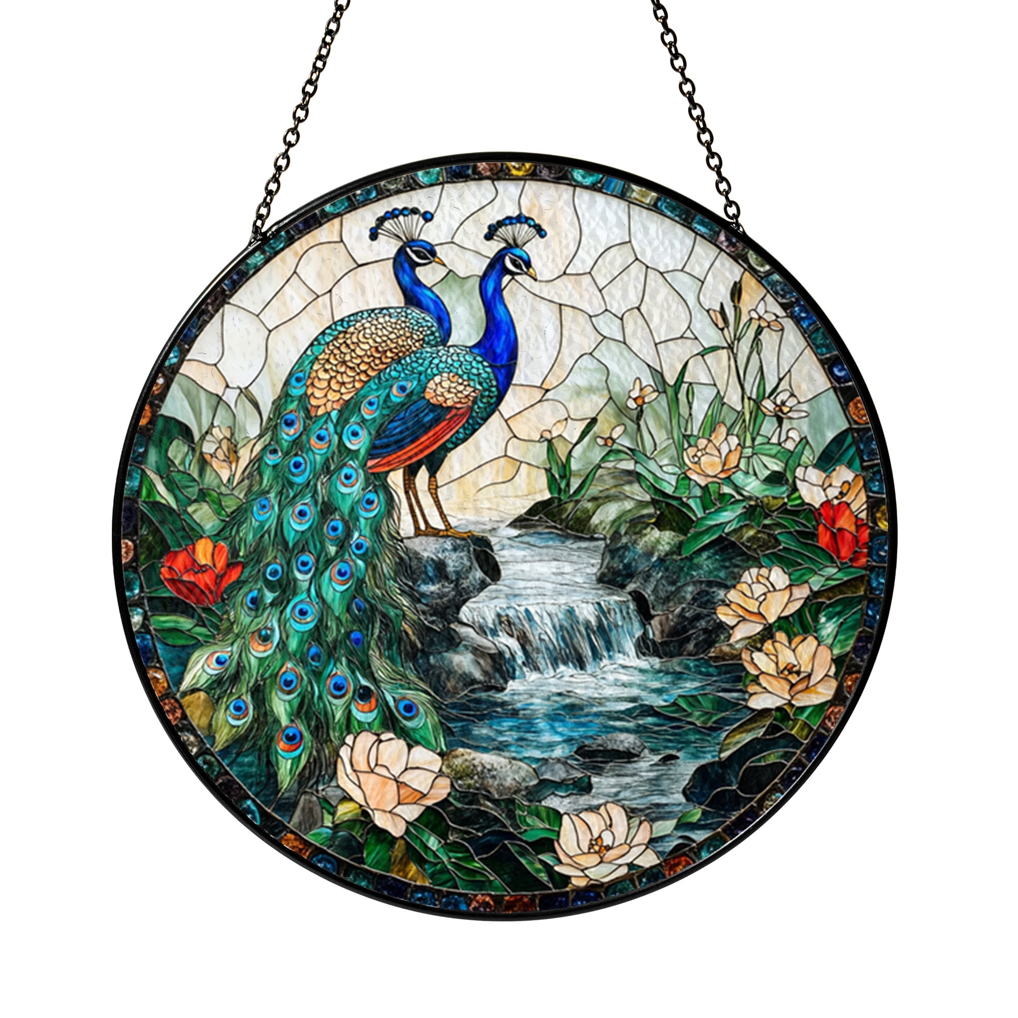 Colorful Peacocks by Stream Stained Glass Suncatcher Window Decor Gift ...