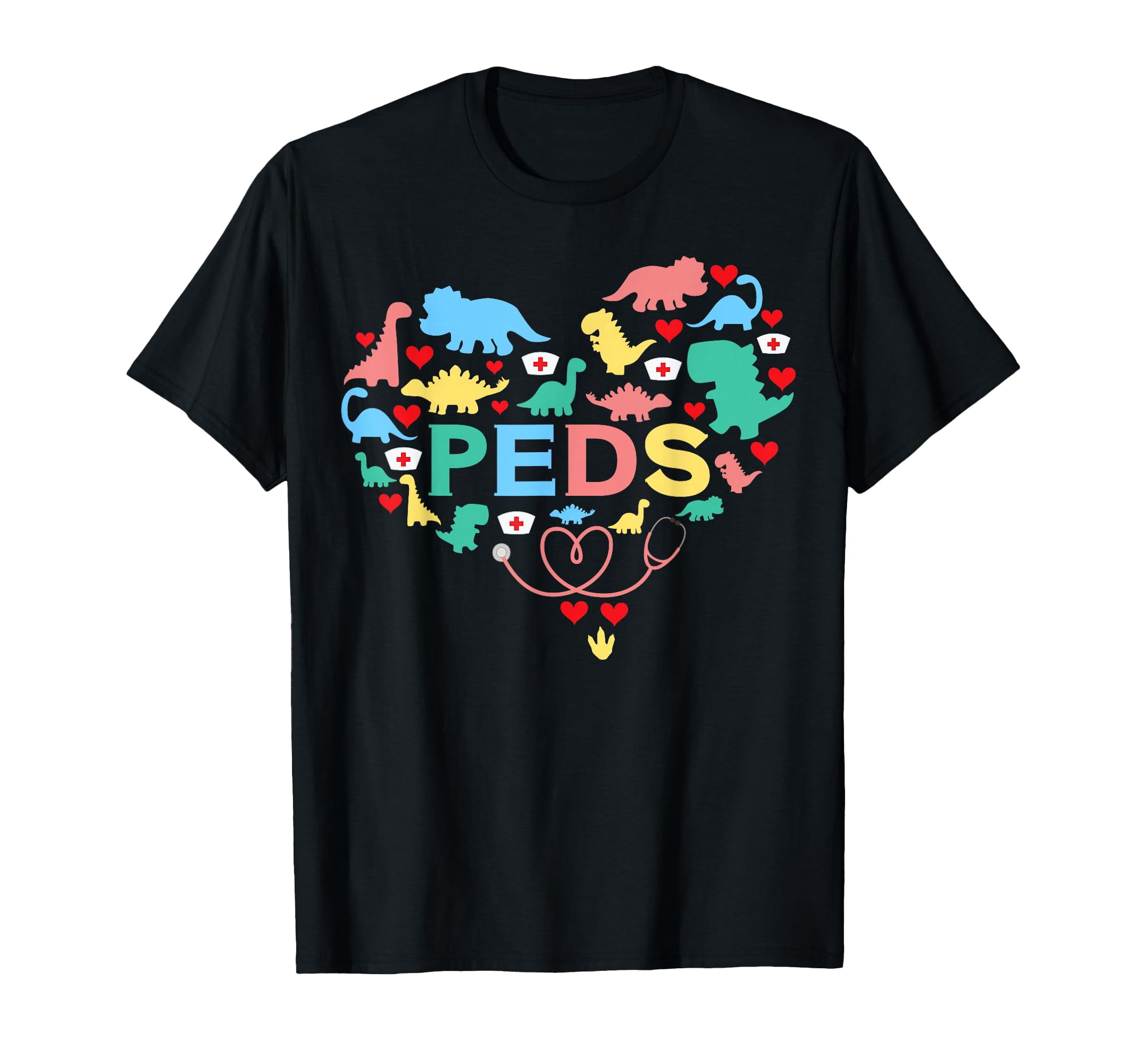 Colorful Peds Nurse Heart Dinosaurs PICU T-Shirt for Medical Staff ...