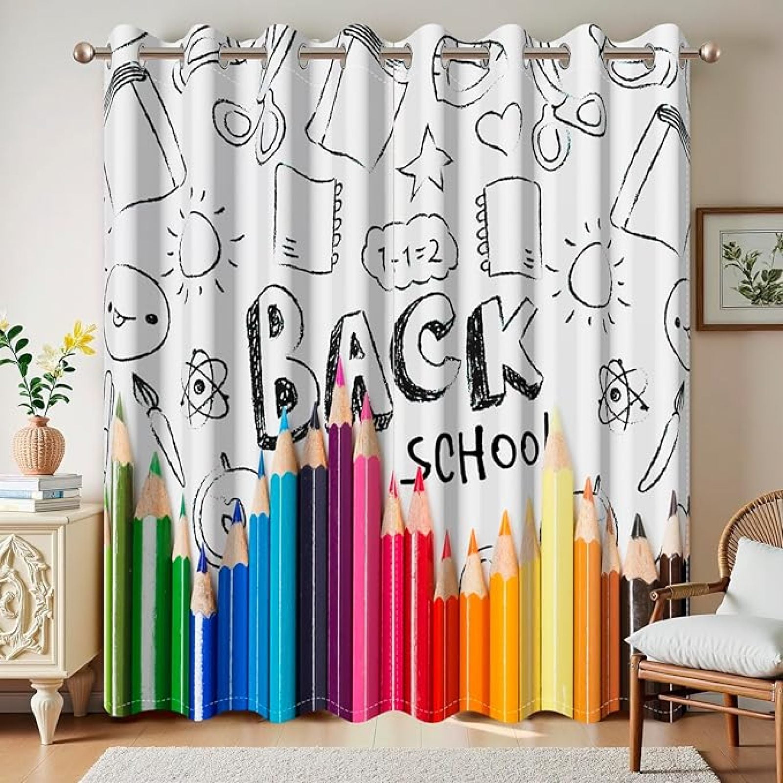 Colorful Pencils Books Ruler Back To School Curtains With Grommet ...