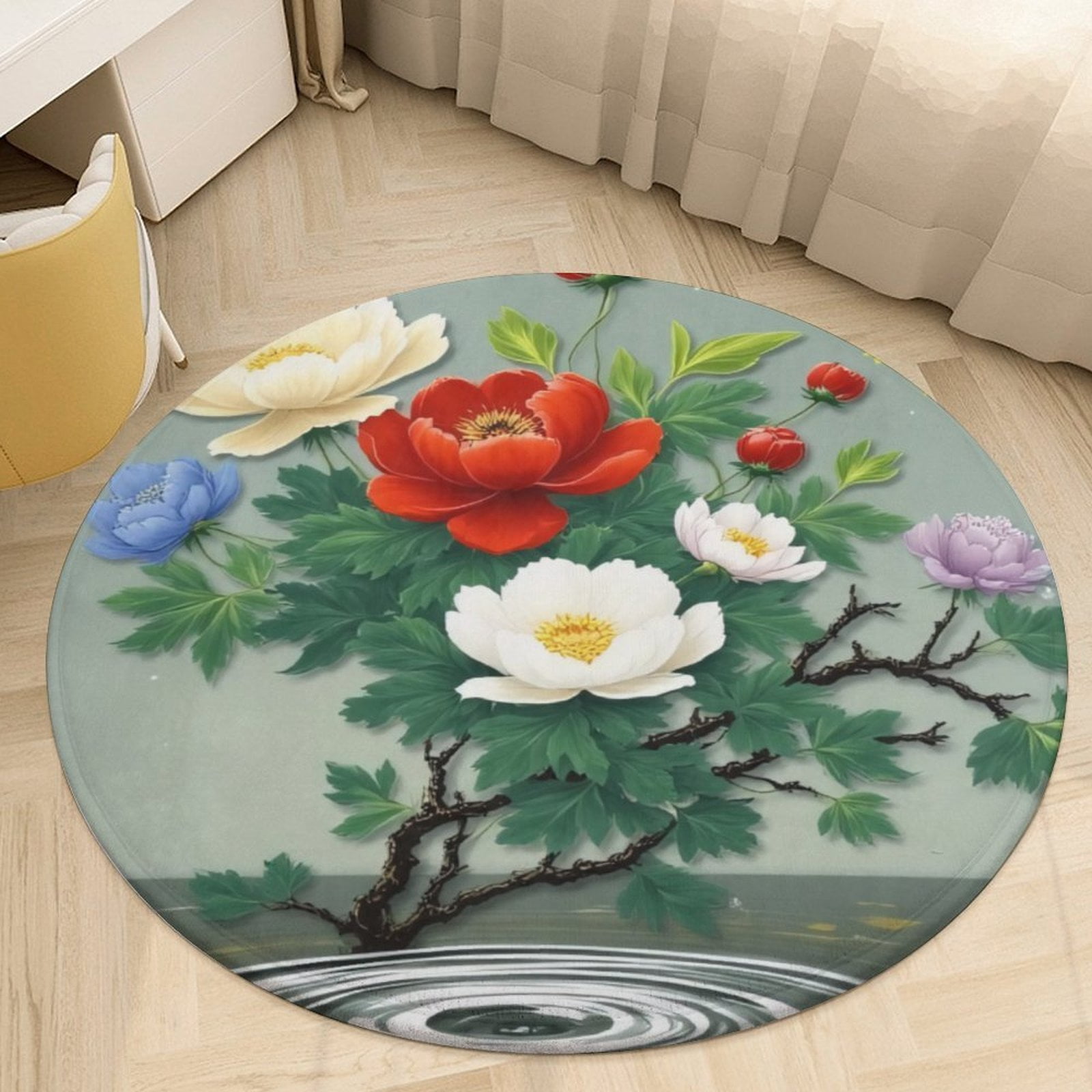 Colorful Peonies And Water Reflection Round Area Rugs for Bedroom ...
