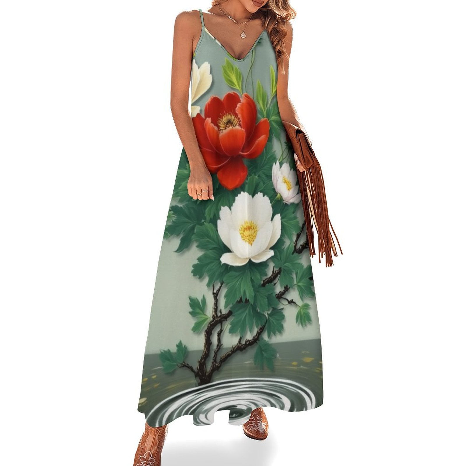 Colorful Peonies And Water Reflection Sleeveless Dress Women's Luxury Party Dress Birthday ...