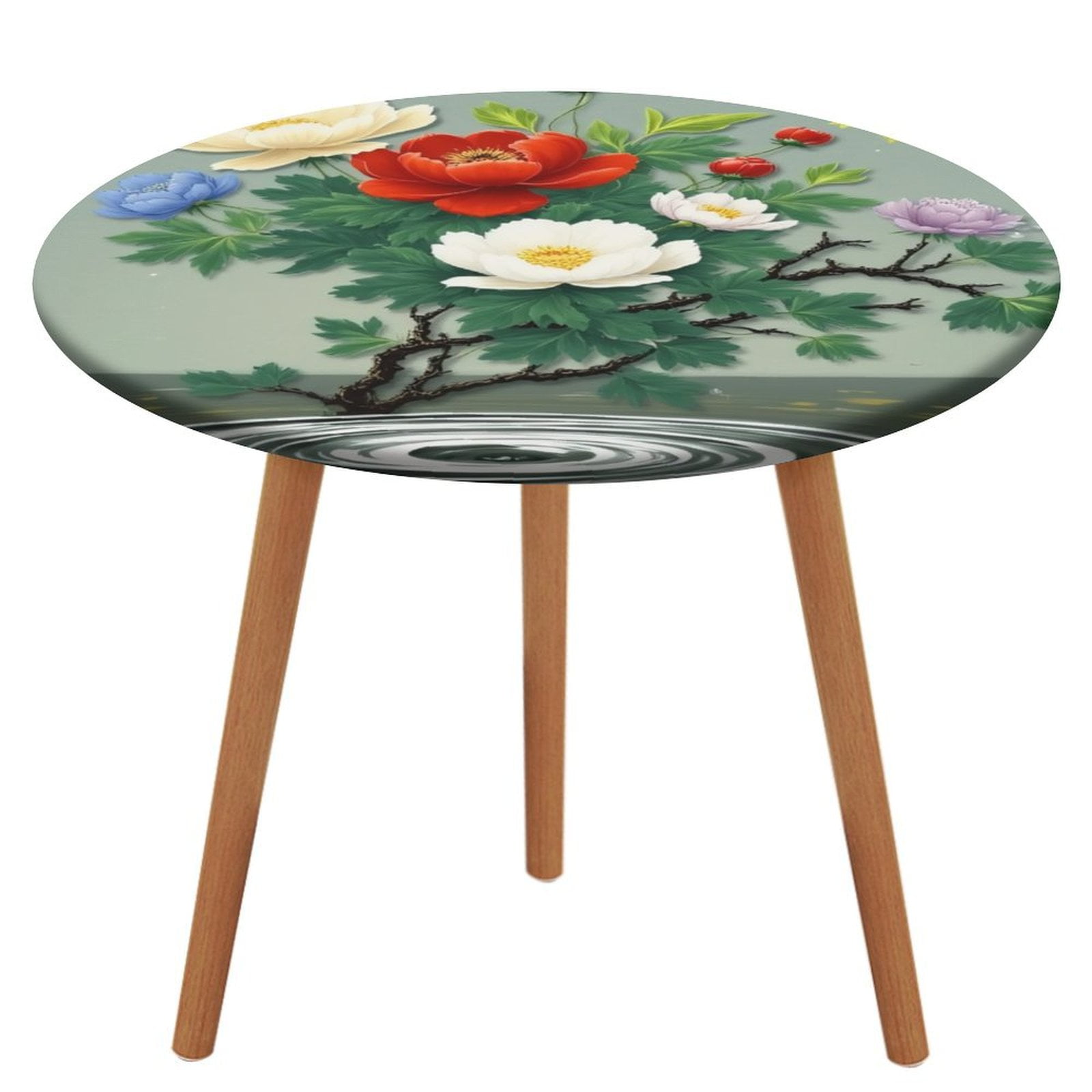 Colorful Peonies And Water Reflection Tablecloth Round Elastic Fitted ...