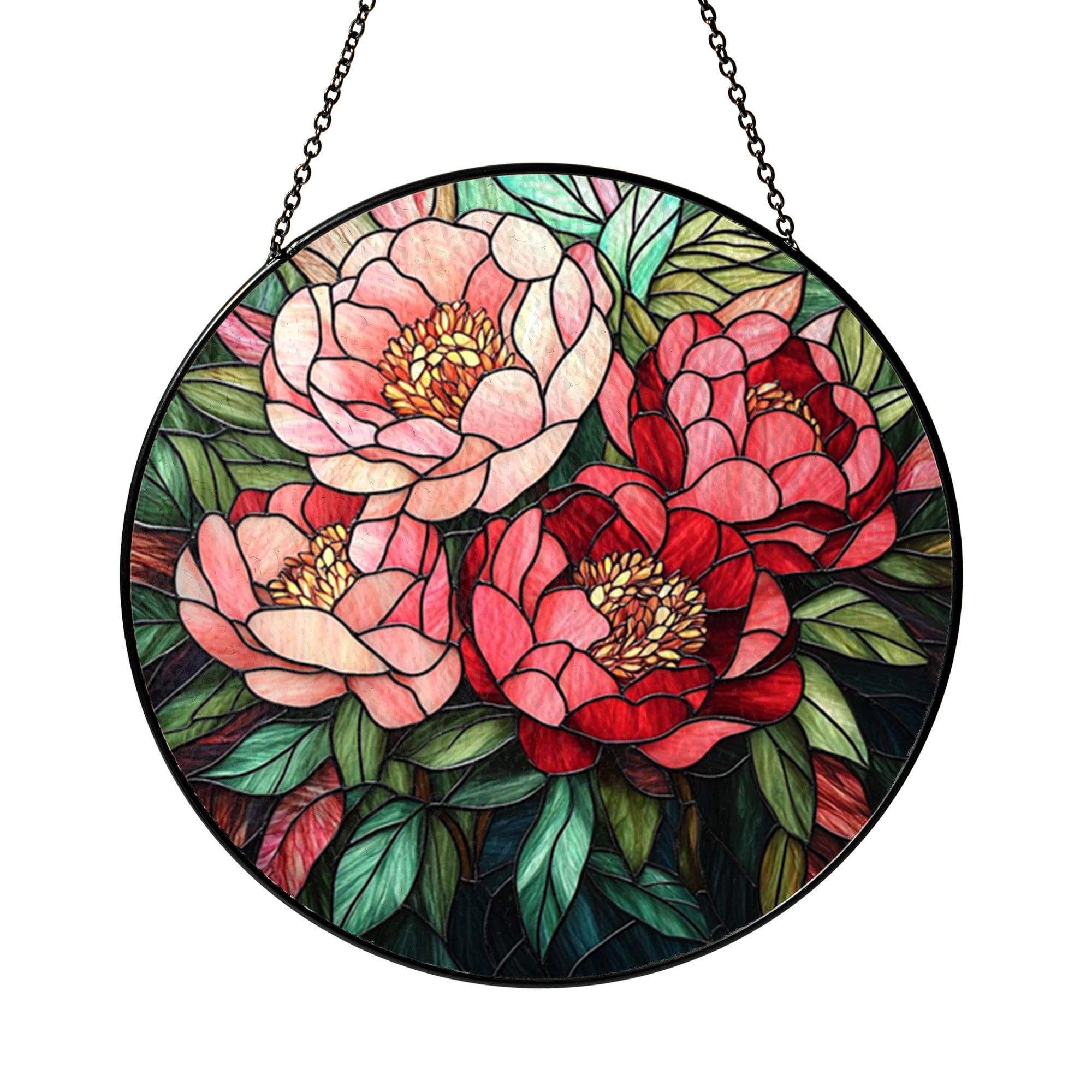 Colorful Peony Flowers Stained Glass Style Suncatcher Window Hanging ...