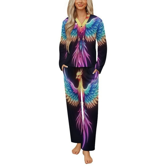 Colorful Phoenix Bird Art Womens Pyjamas Set Button Up Pyjamas Womens ...