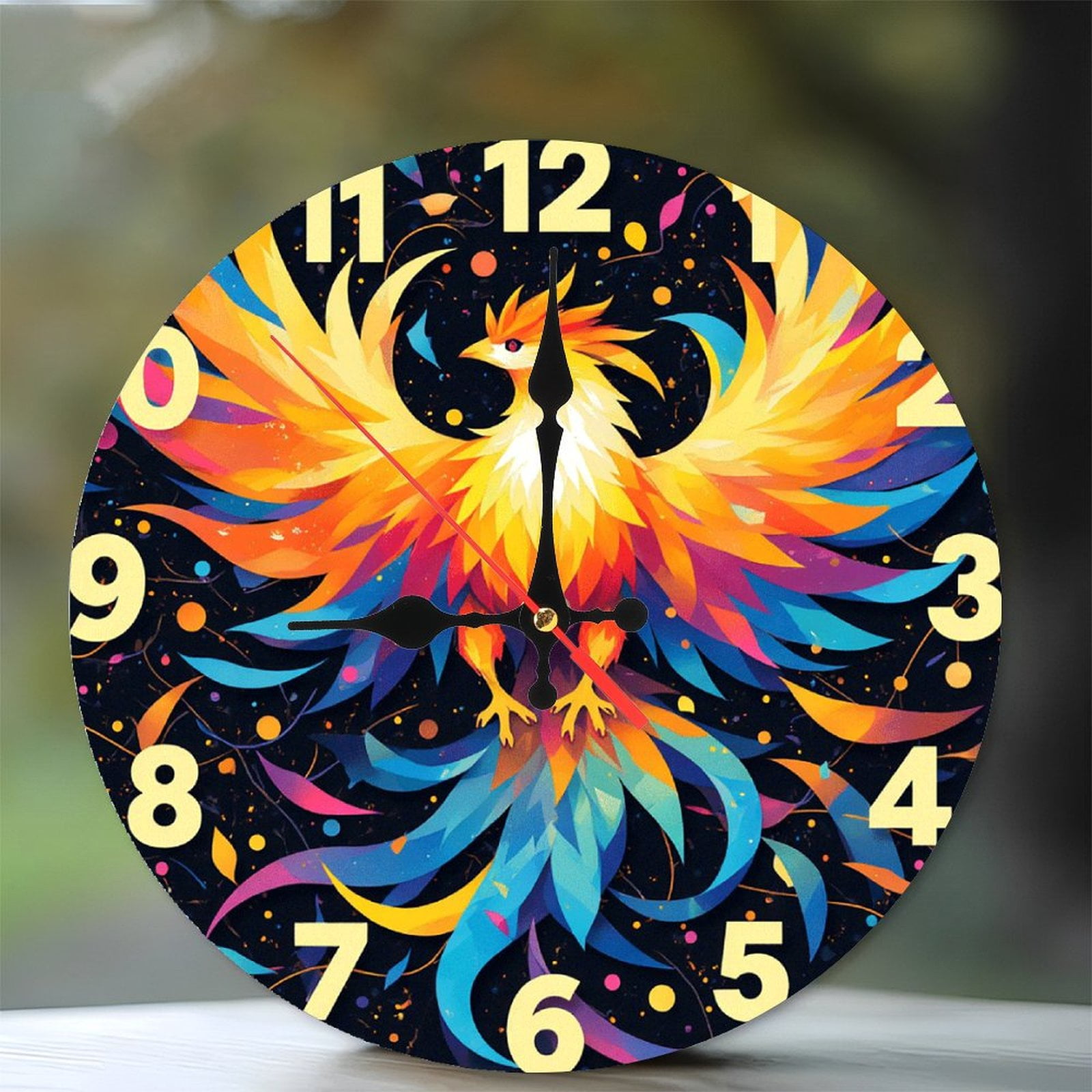 Colorful Phoenix Wall Clock with Artistic Design 10-Inch Silent Wooden ...