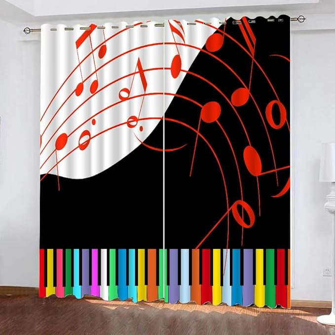 Colorful Piano Keys Blackout Curtains, Red Stave Musical Notes Blackout ...
