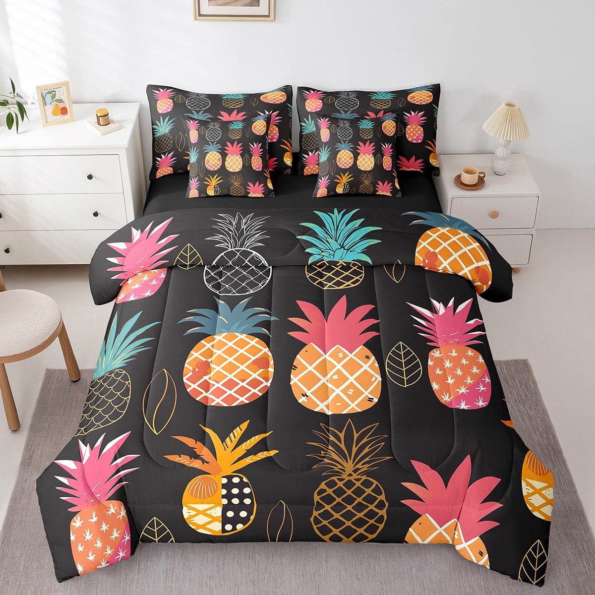 Colorful Pineapple 7Pcs Comforter Set Queen,Tropical Fruits Bedding Set ...