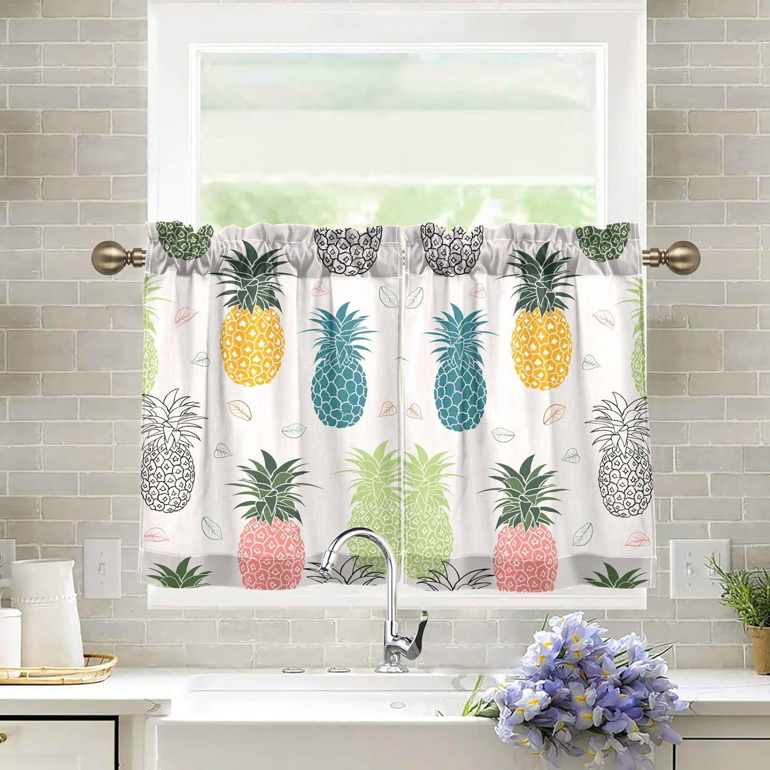 Colorful Pineapple Kitchen Curtains Cafe Curtains Washable Short