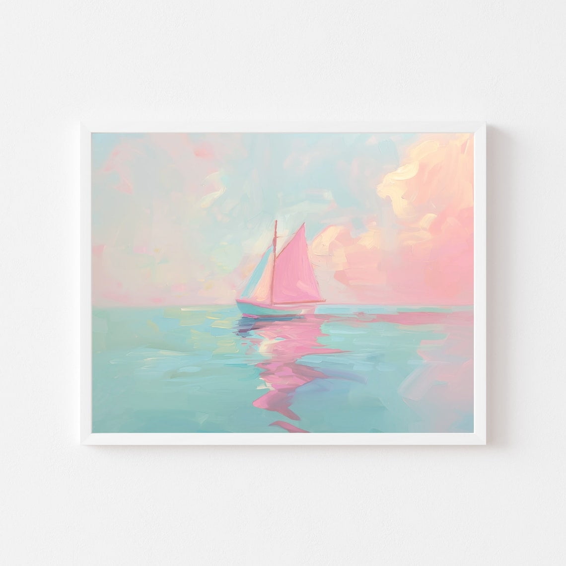 Colorful Pink Sailboat Painting Sunset Seascape Wall Art Print Vintage ...