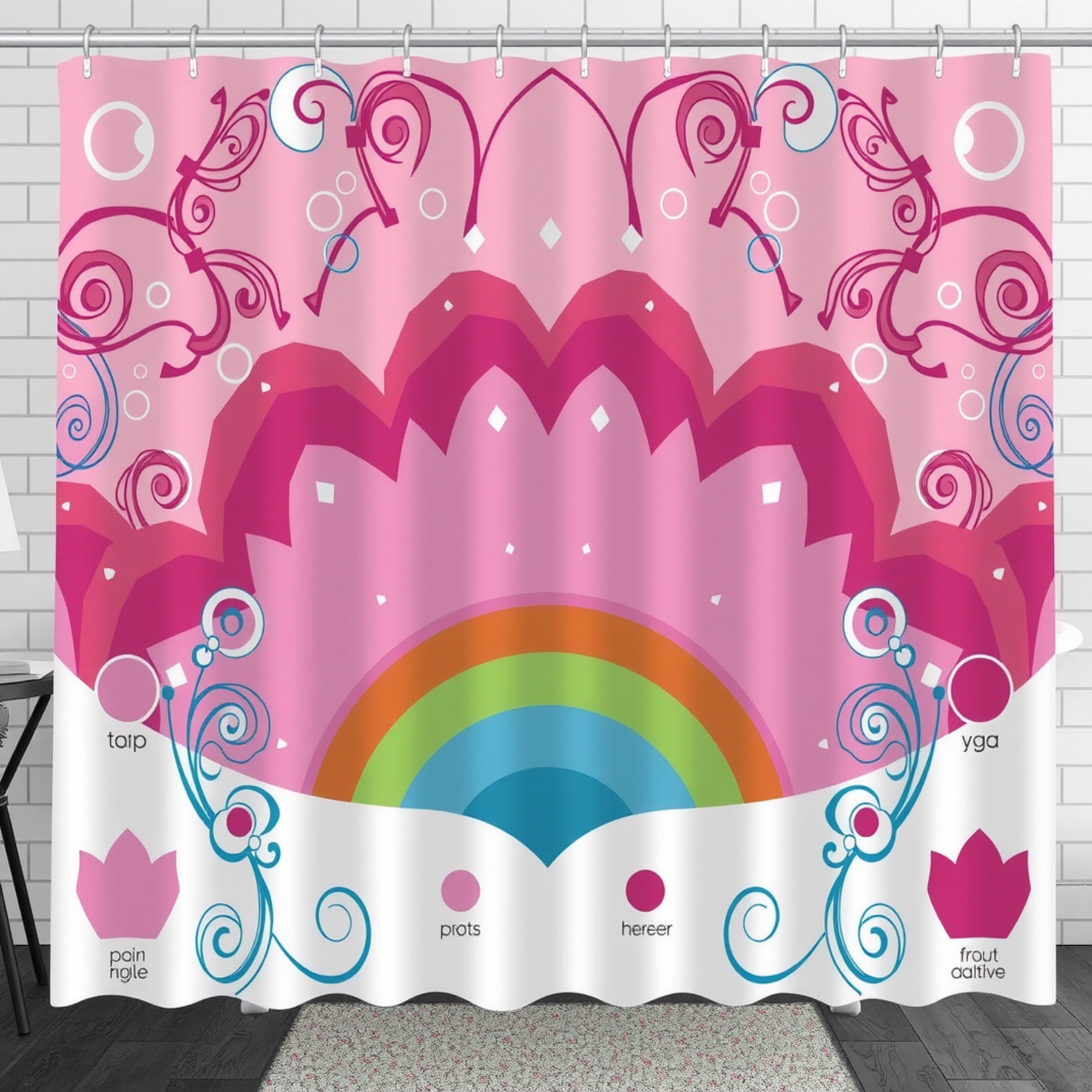 Colorful Pink Shower Curtain with Rainbow & Swirling Vines - Fun ...