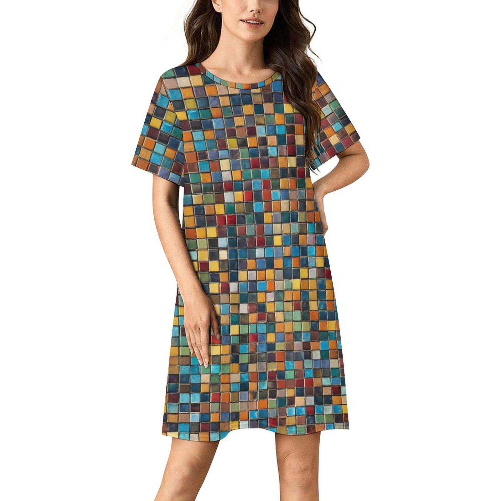 Colorful Pixel Art Print Women Nightgown Sleepwear Short Sleeves For ...